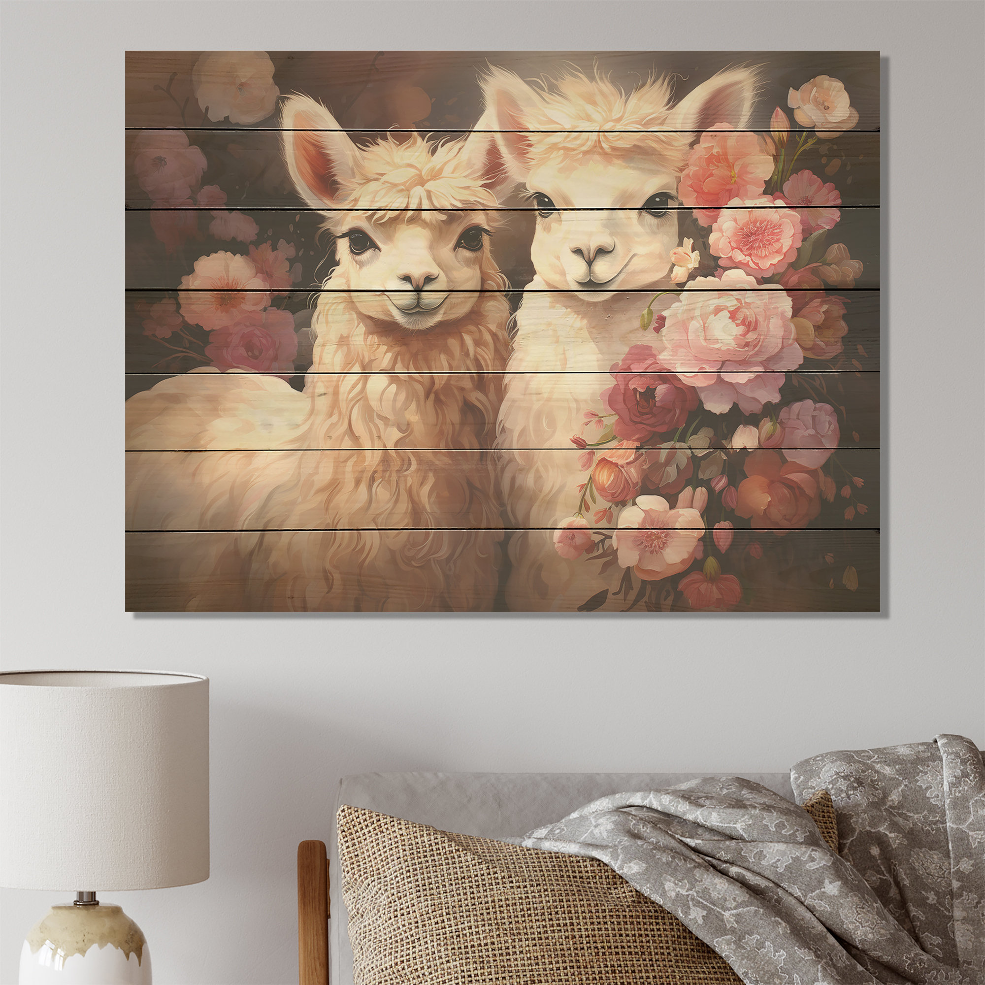 August Grove® Fluffy Alpacas Floral Portrait - Alpaca On Wood Print ...