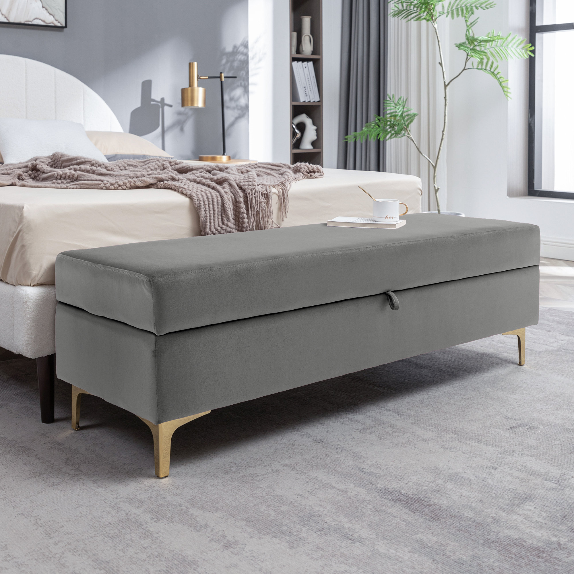 Mercer41 Issam Velvet Storage Bench with Gold Metal Legs | Wayfair