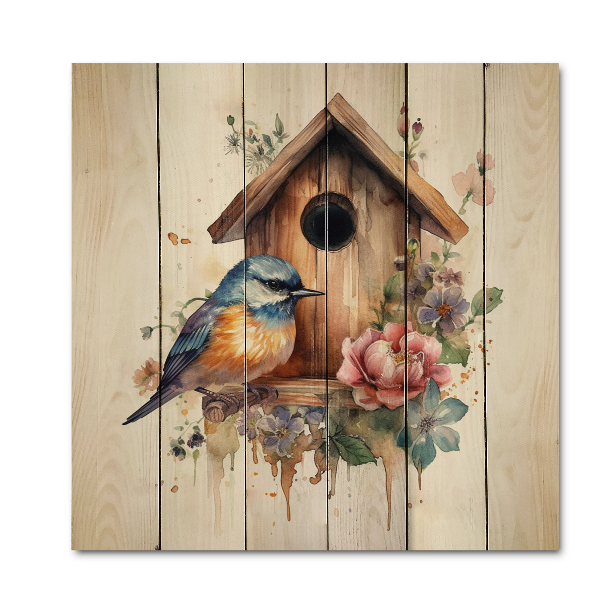 Red Barrel Studio® Morganza Bird On A Birdhouse On Wood Print | Wayfair