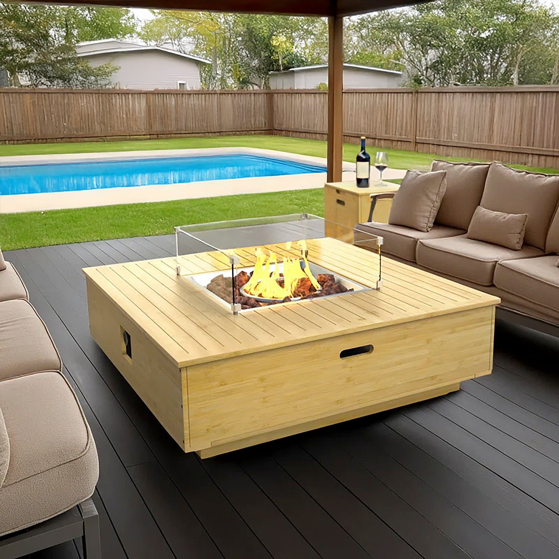 Brayden Studio 43" Canary Bamboo Outdoor Fire Pit Table with Side Table ...