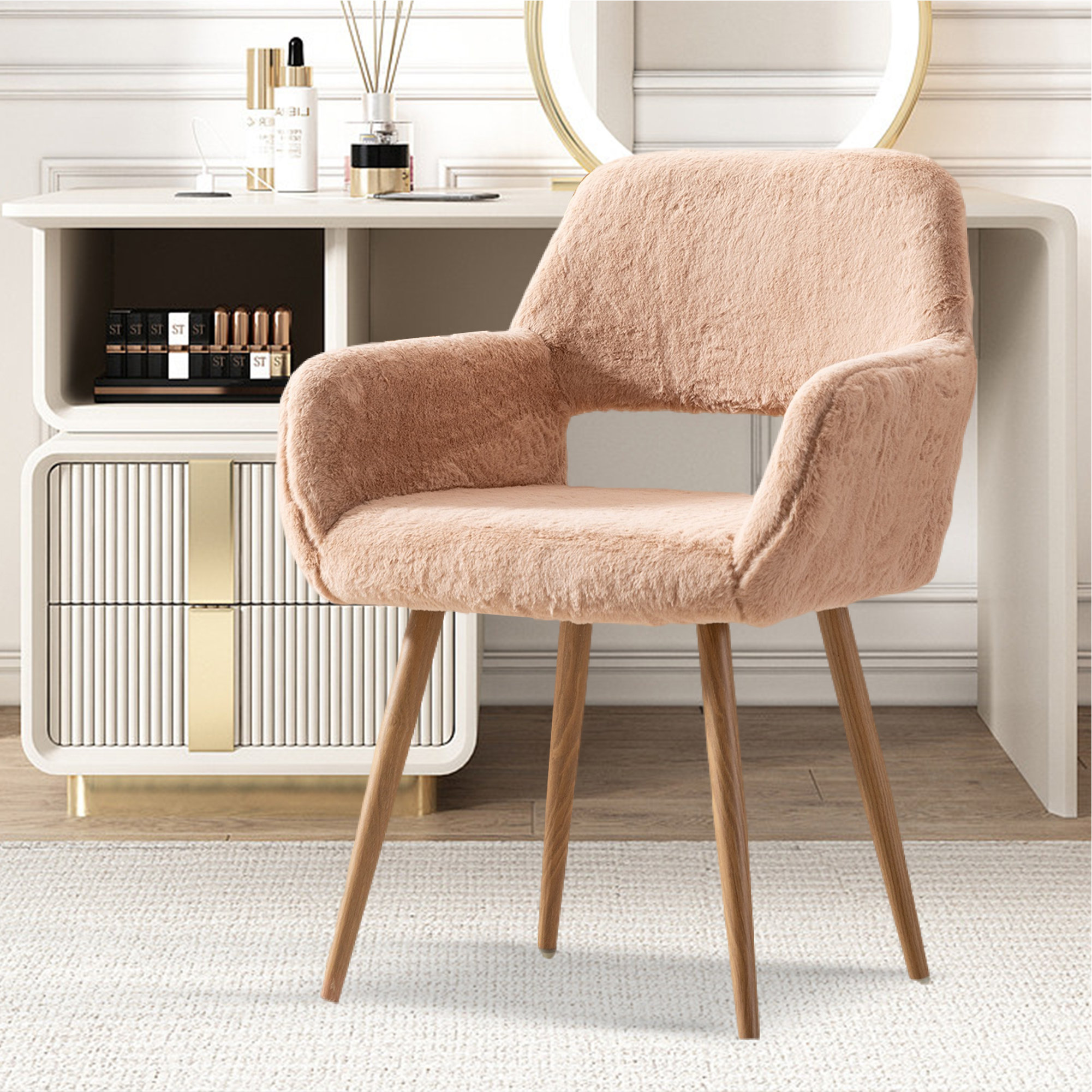 Mercer41 Faux Fur Dining Chairs,Mid-Century Side Chairs With Solid ...