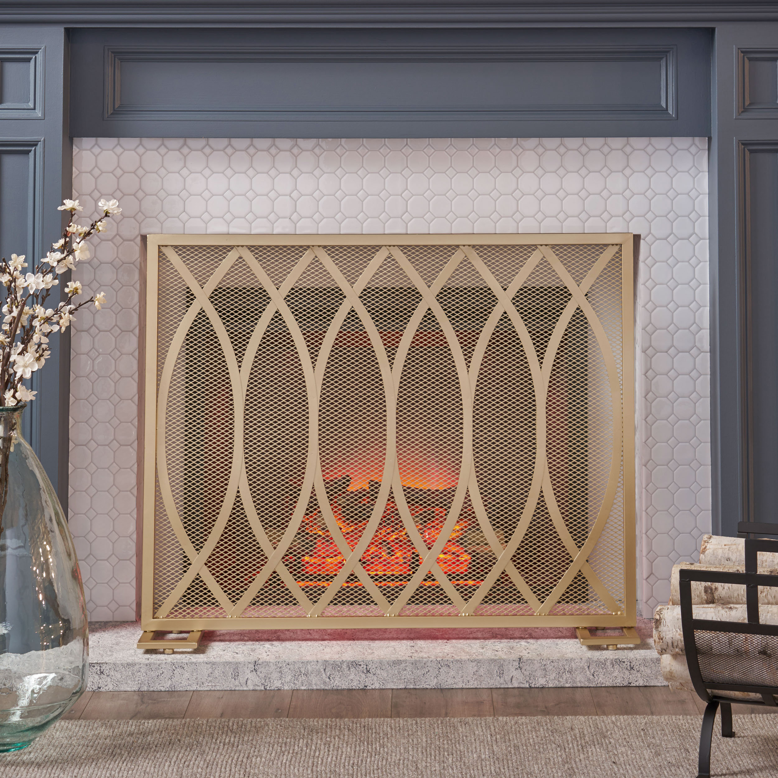 Everly Quinn Modern Fireplace Screen, Single-Panel Oval Design with ...