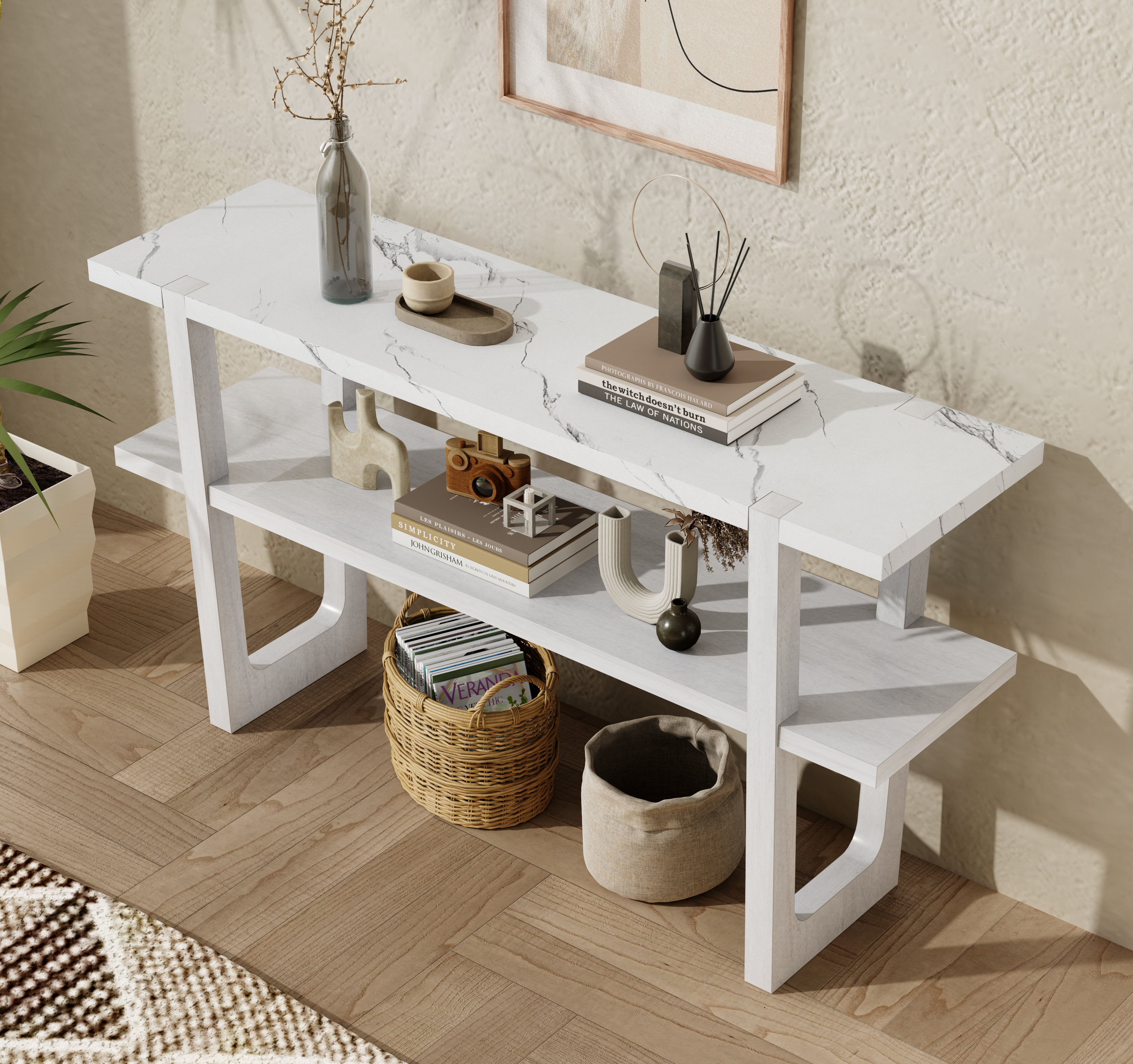 George Oliver TREXM Retro Elegant Console Table with Marble-Effect Top and Versatile Storage ...