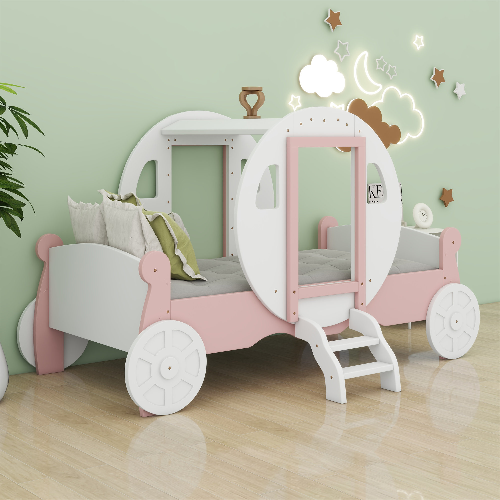 Mercer41 Princess Carriage Bed With Crown, Platform Car Bed With Stair ...