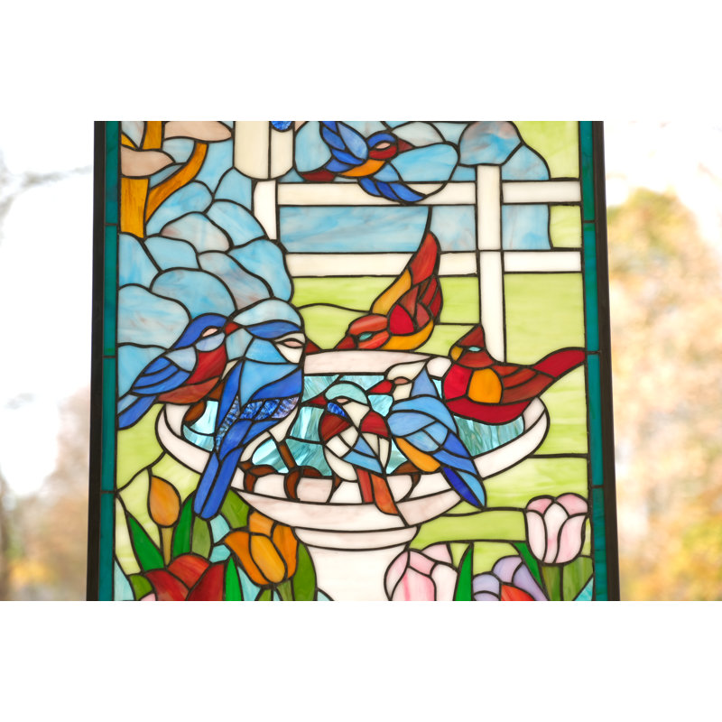 Red Barrel Studio® Stained Glass Bird Bath with Flowers Window Panel ...