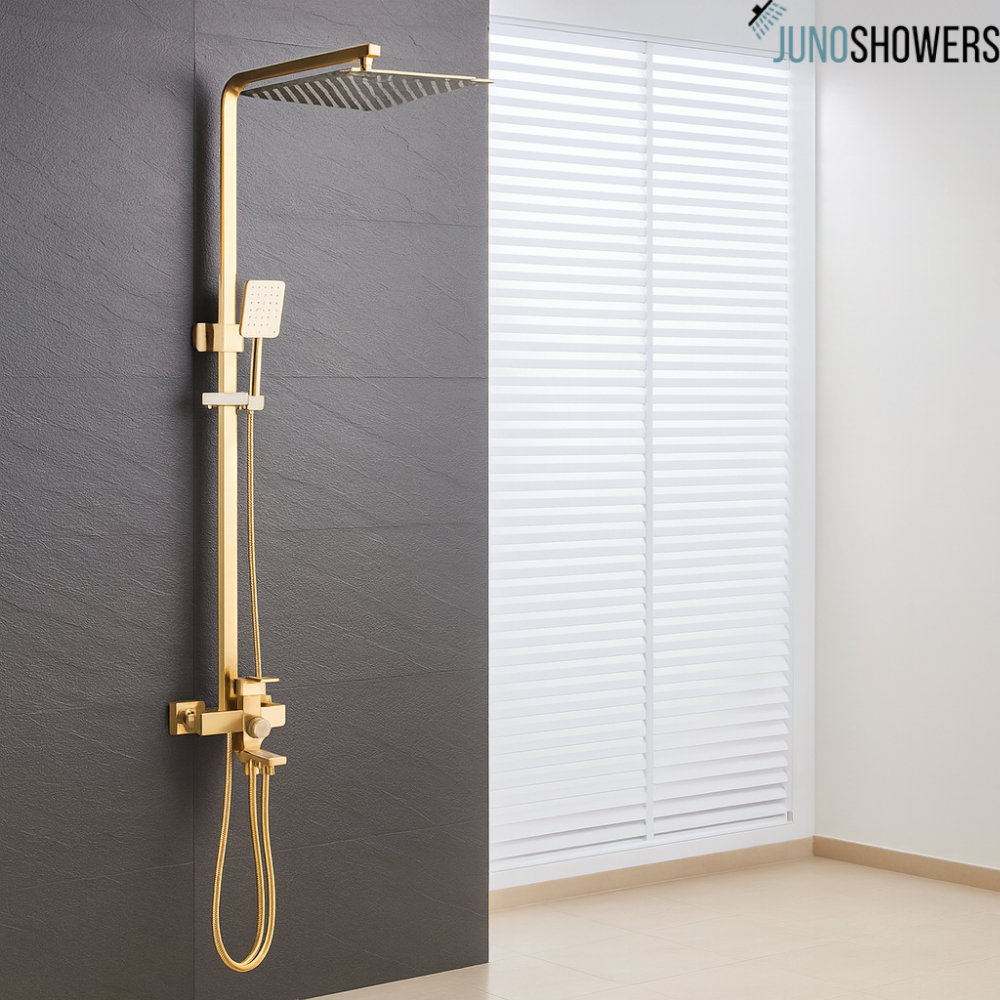 Juno Showers Juno Brushed Gold Square Rainfall Shower Column Luxury ...