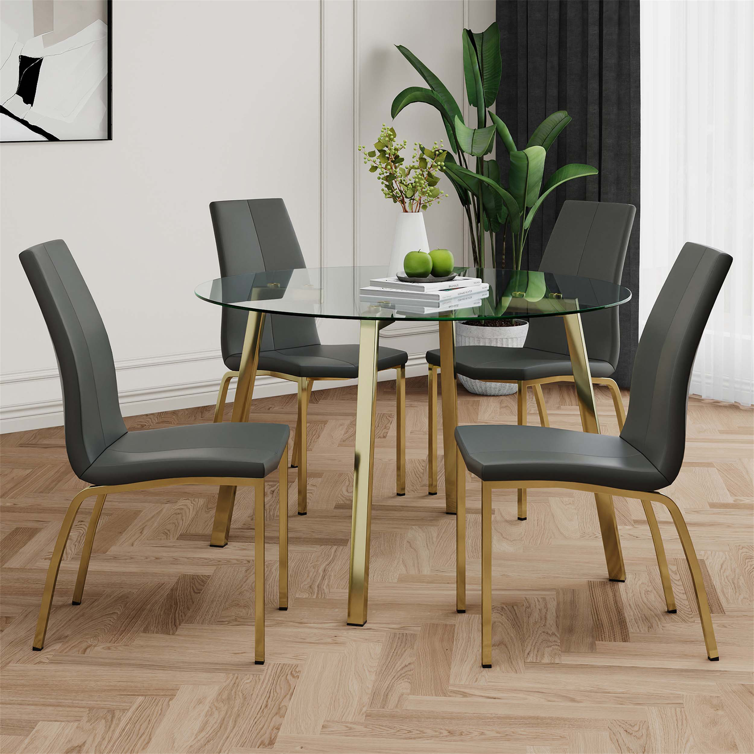 Mercer41 Modern Circle Glass Dining Table Set with PU Chairs and Gold ...