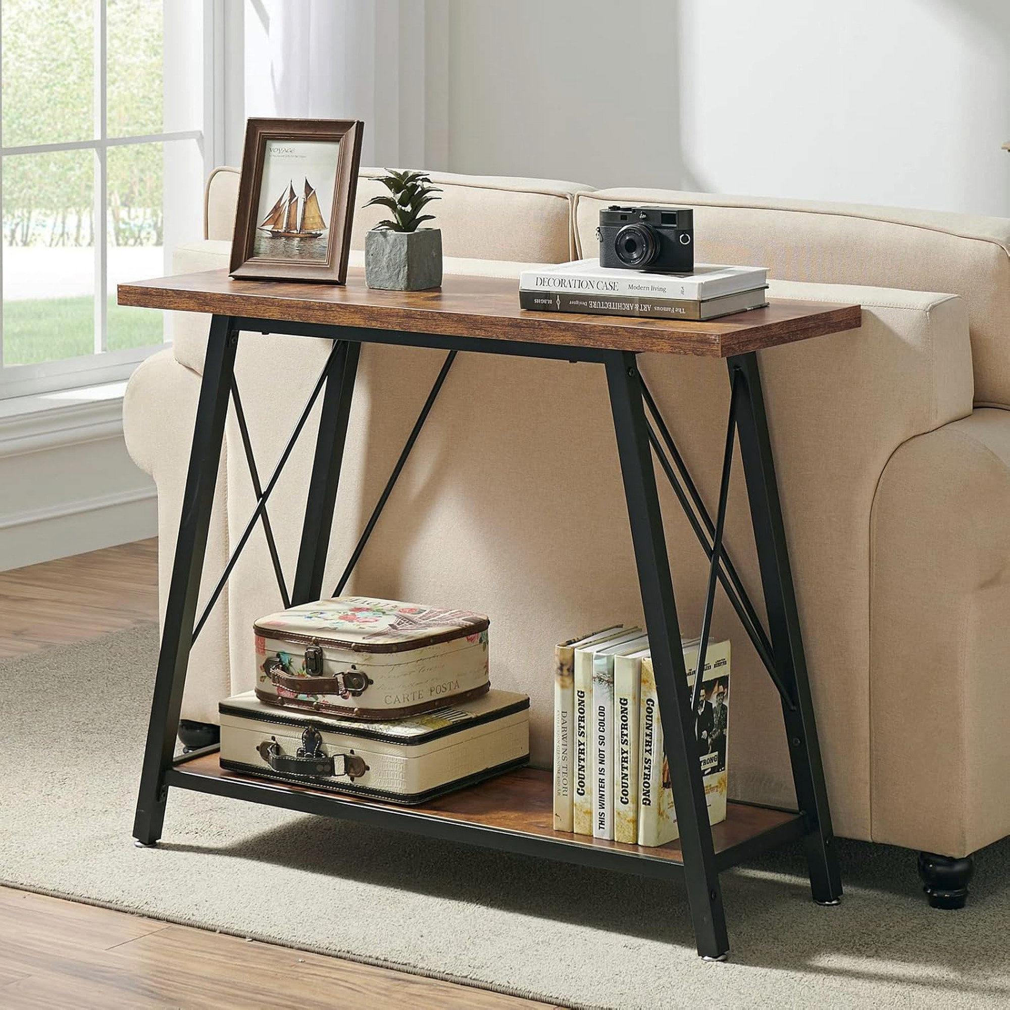 17 Stories Industrial Sofa Console Table With Storage Shelves, Hallway ...