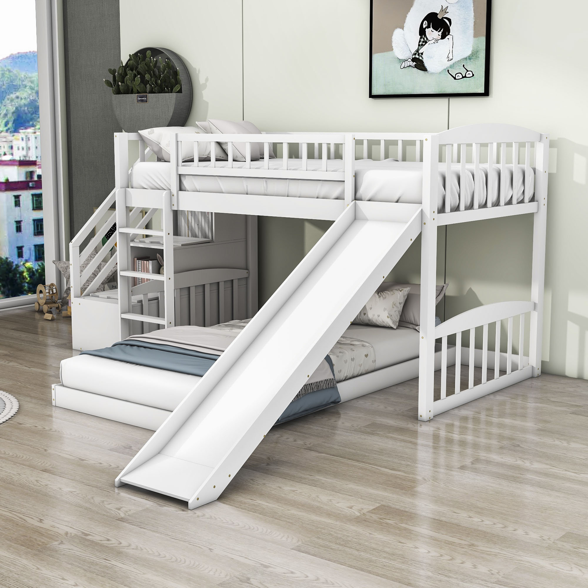 Harriet Bee Ilaina Kids Twin over Twin Wood Bunk Bed with Slide ...