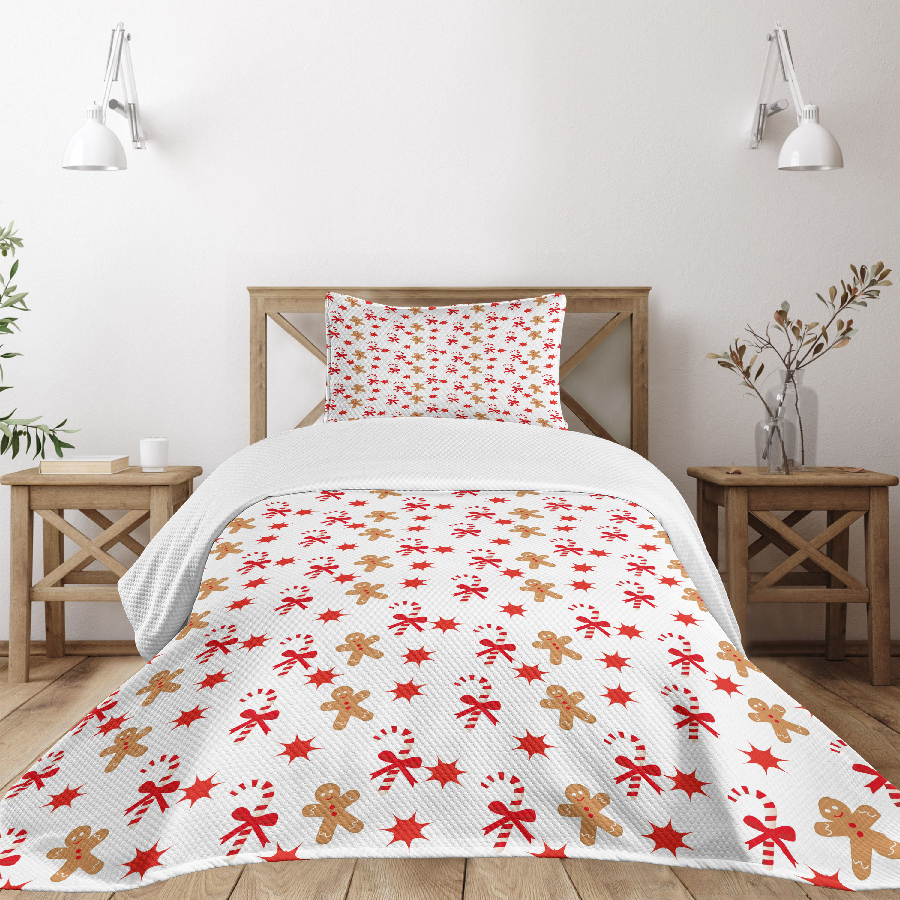 Ambesonne Gingerbread Man Bedspread Set Candy Red Star Sand Brown ...