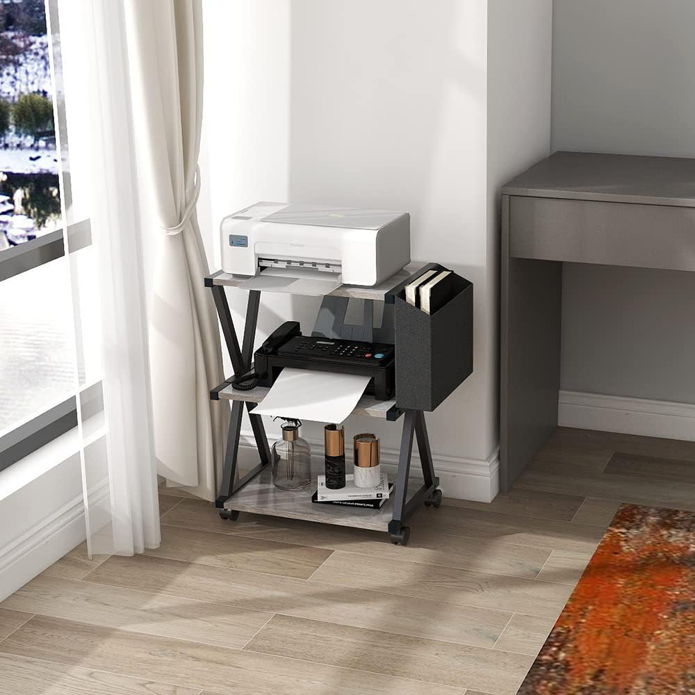 Elaine Mercure Greige Mobile Printer Stand 3 Tier Wood Shelf Metal ...