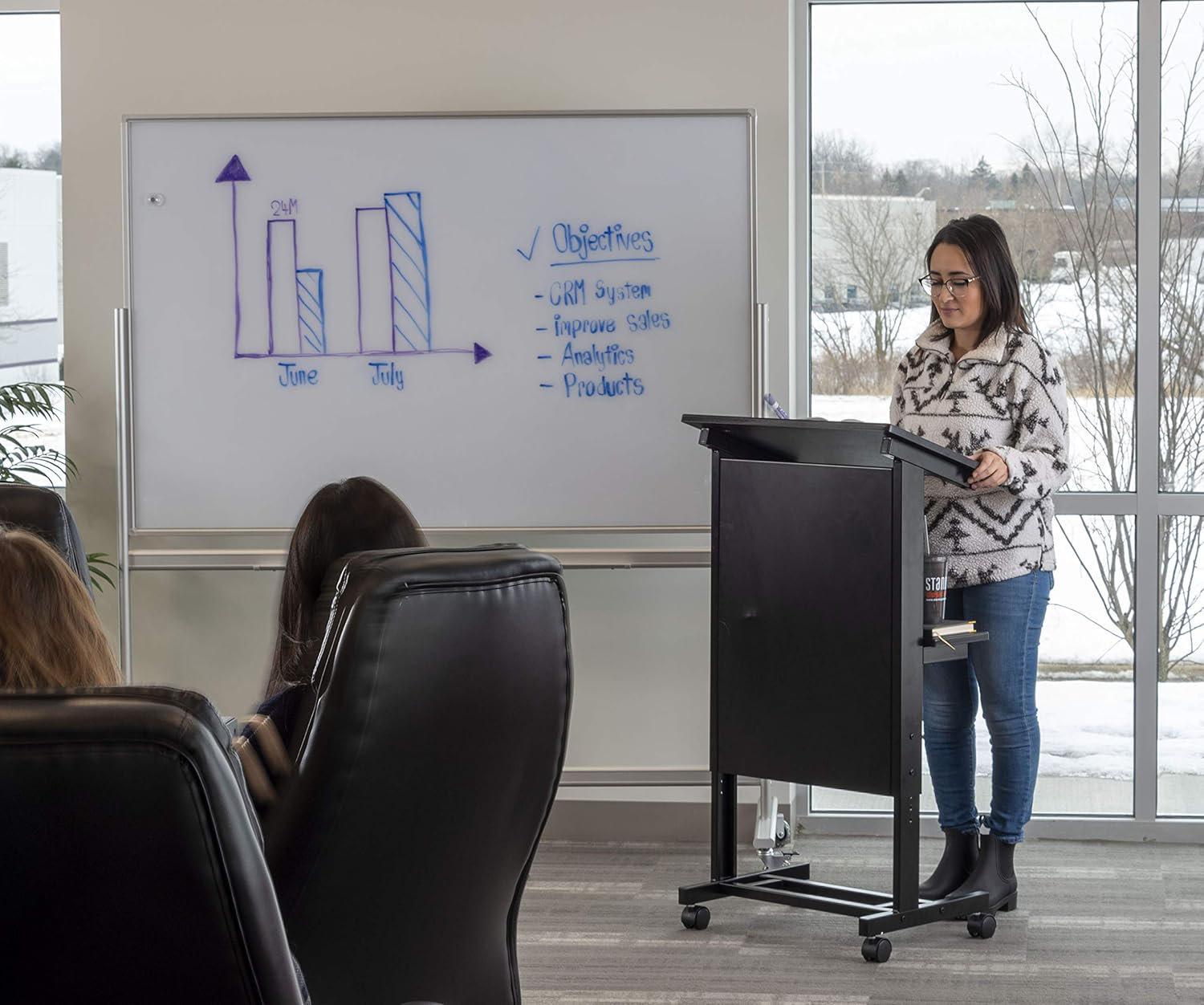 Co-t Heavy Duty Adjustable Height Rolling Lectern Podium With Lockable ...