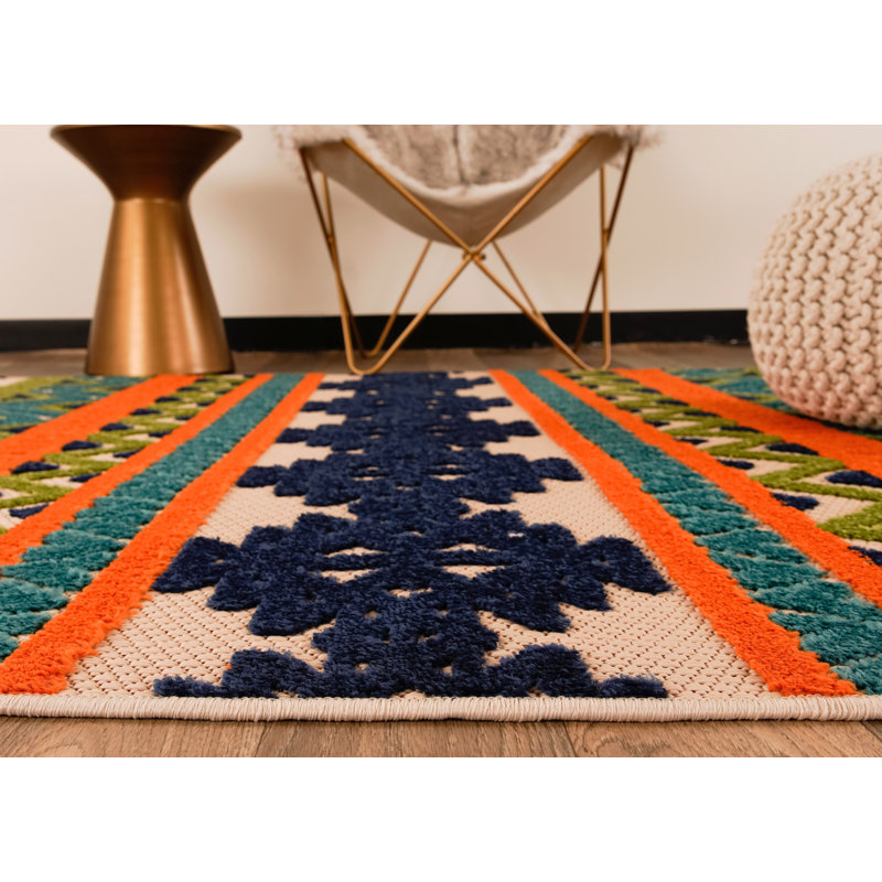 Steelside™ Heston Geometric Navy/Green/Orange Indoor & Outdoor Area Rug ...