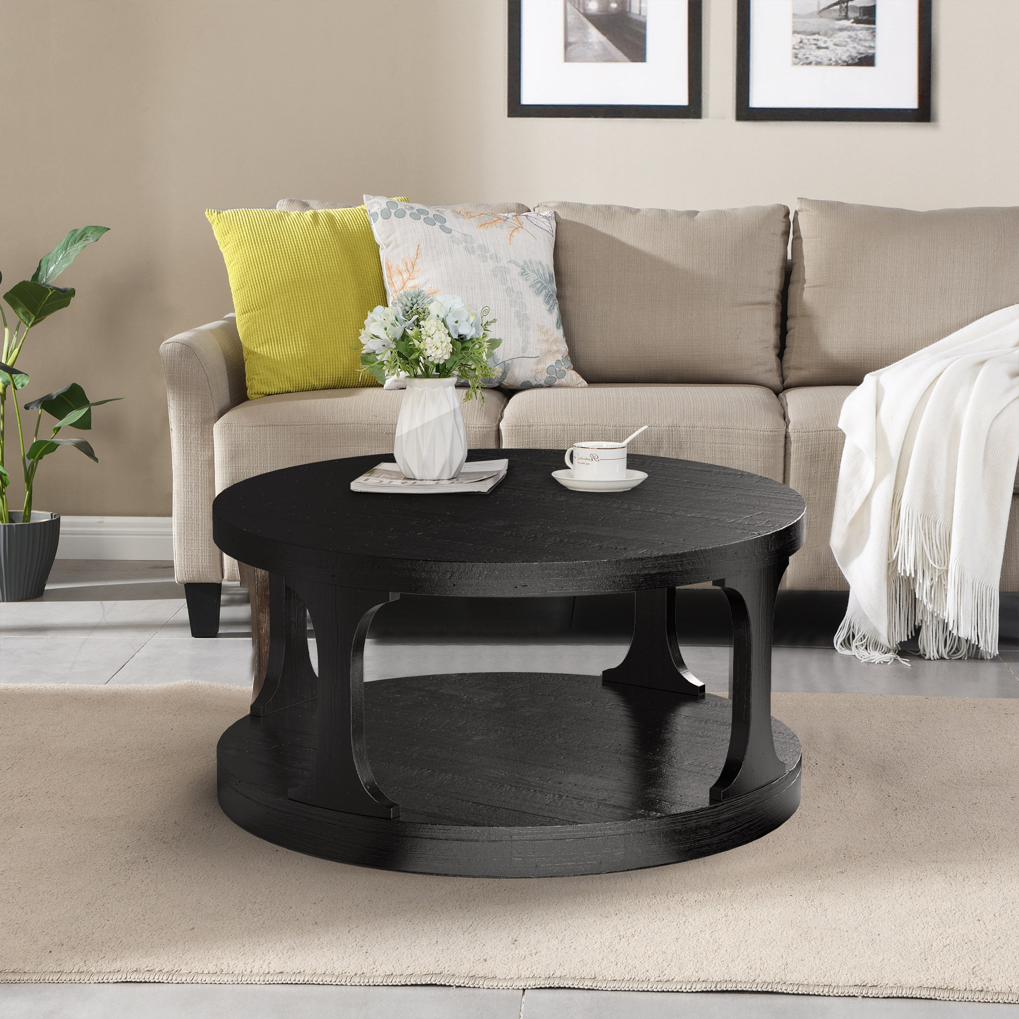 Red Barrel Studio® Antique Black Solid Wood Round Coffee Table With ...