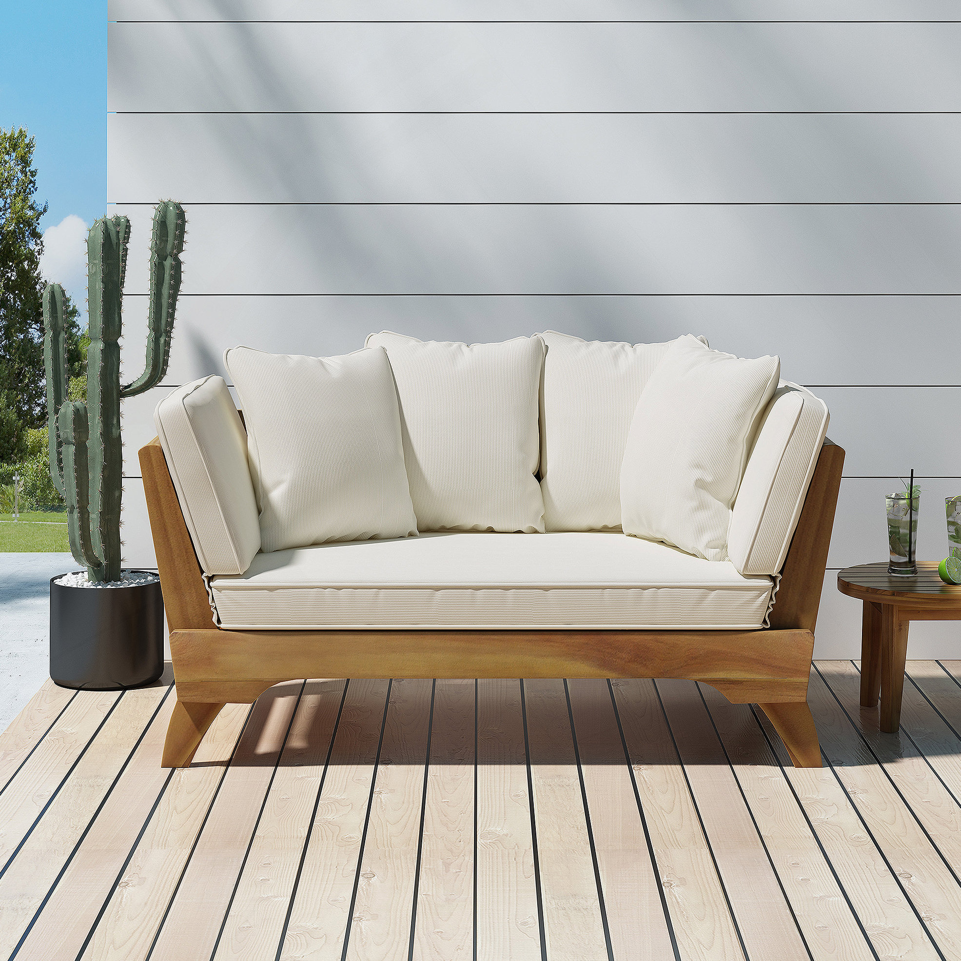 Dovecove Durable Acacia Wood Daybed with Slatted Seat, Cross-Strap Trim ...