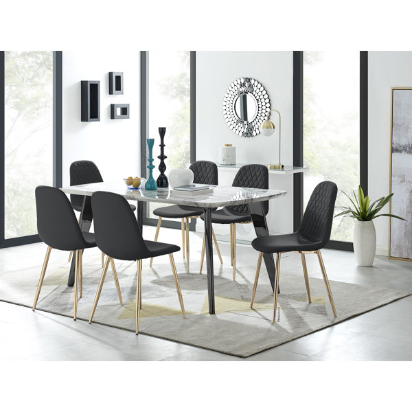 East Urban Home Andara White Marble Effect Black Leg Dining Table Set ...