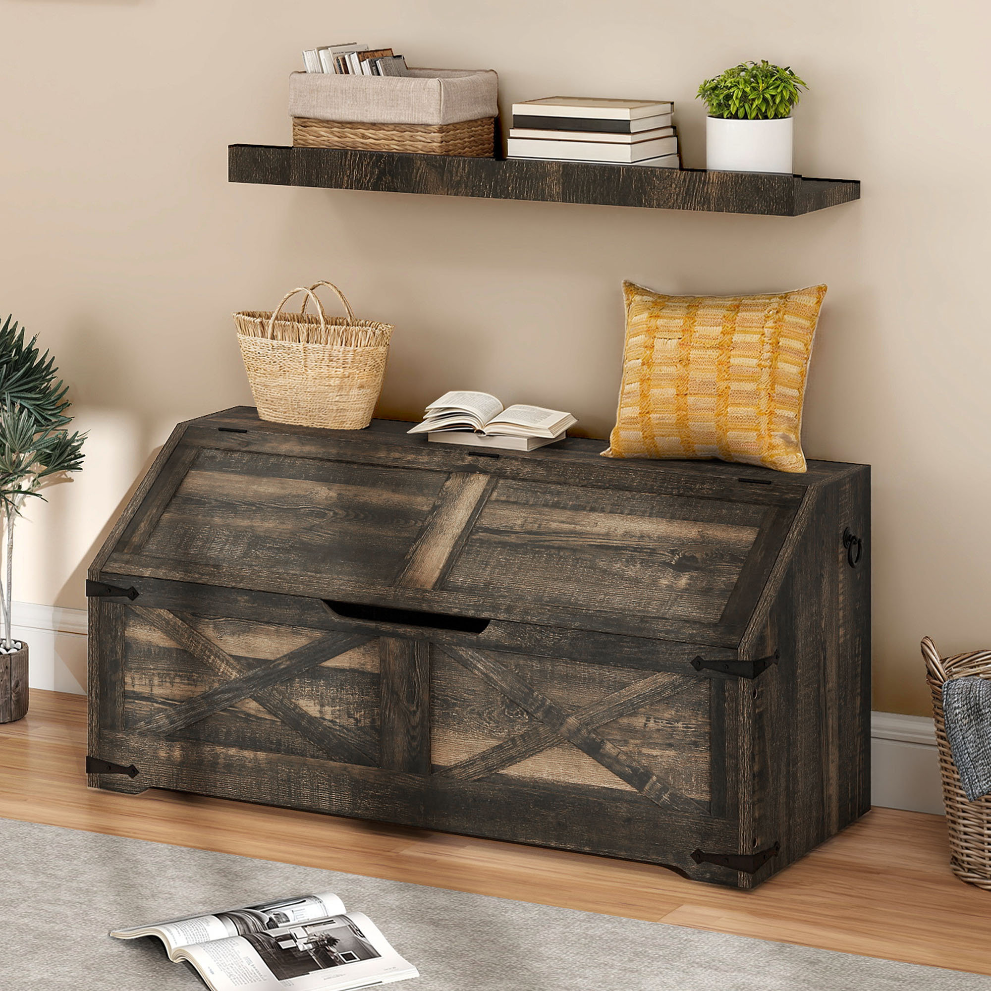 Gracie Oaks Farmhouse Wooden Storage Box Trunk Bench Chest, With 4 ...
