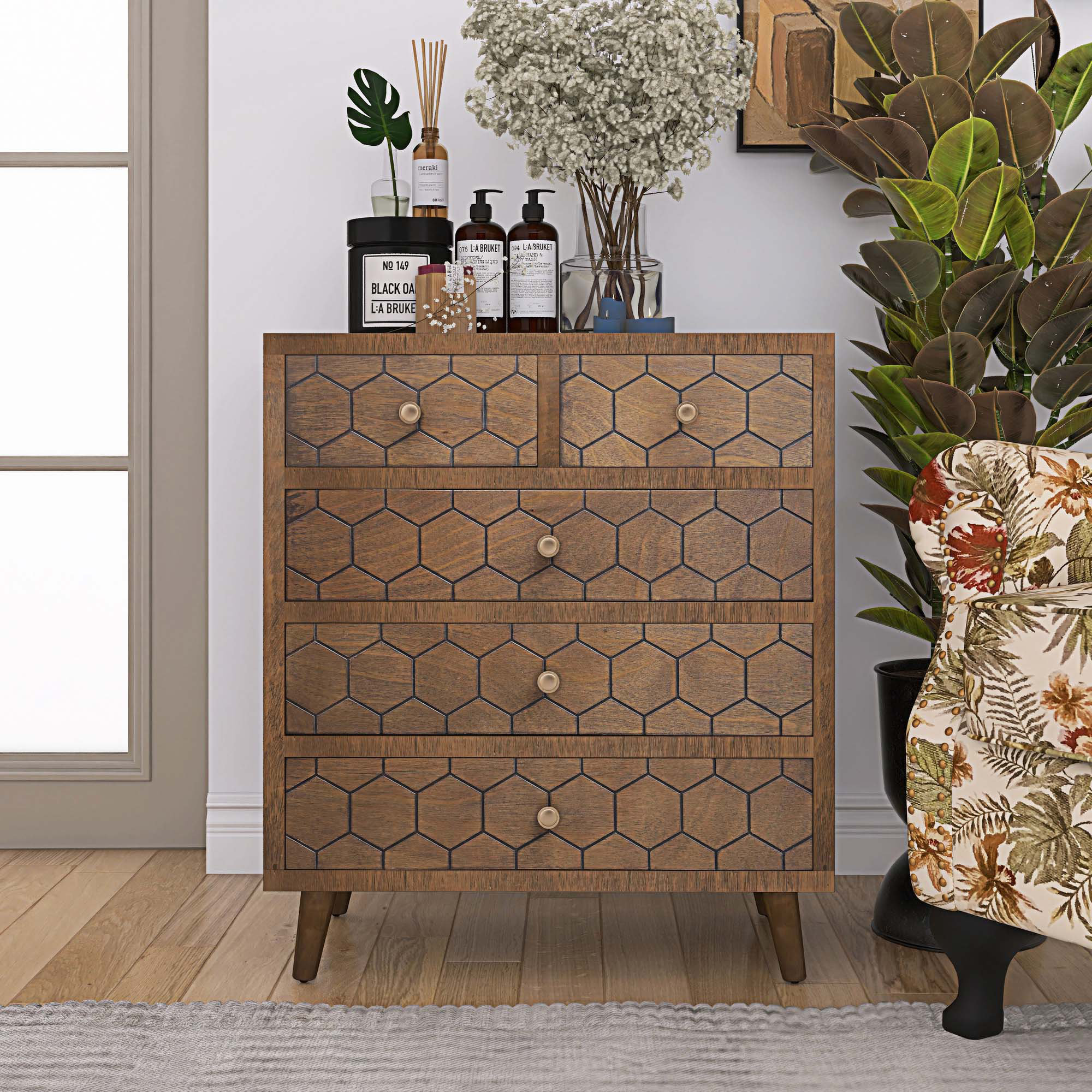 George Oliver Joffrey 5 - Drawer Accent Chest with Abstract Carvings ...