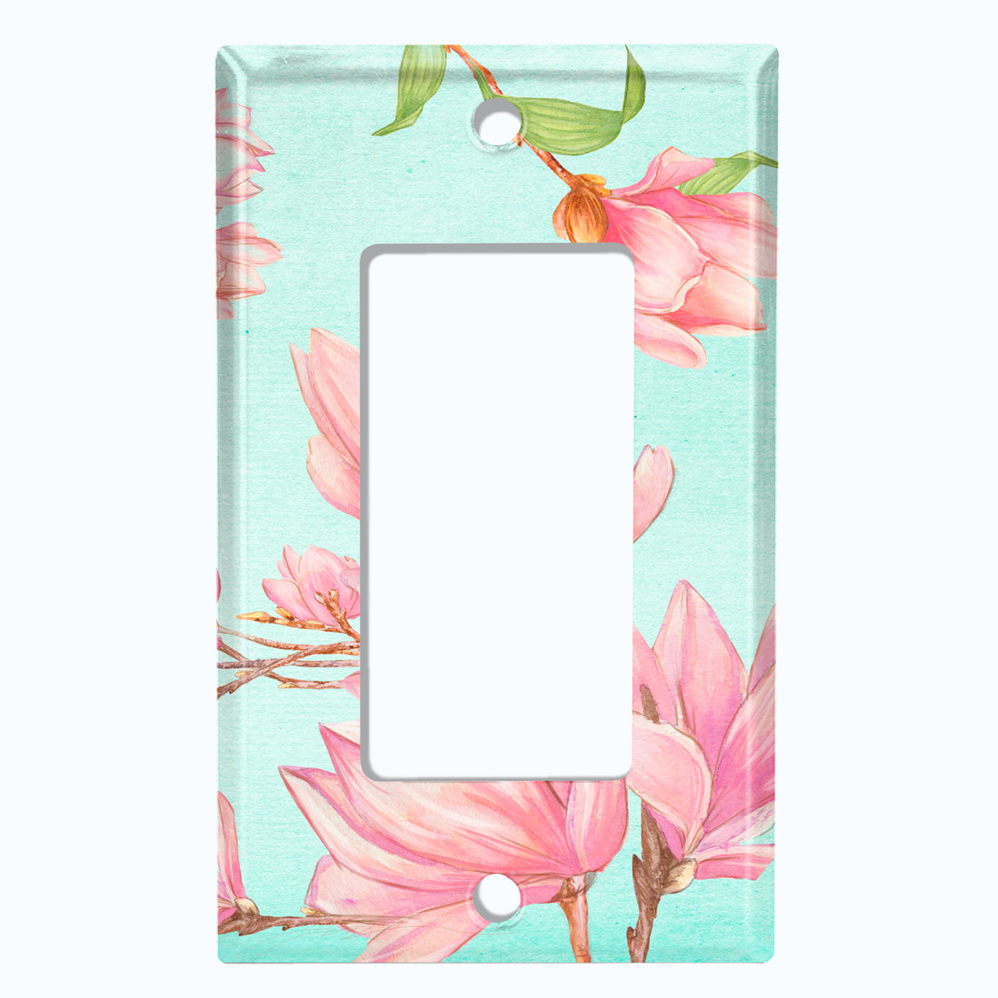 WorldAcc Pink Magnolia Flowers Leaves Teal 1-Gang Rocker Wall Plate ...