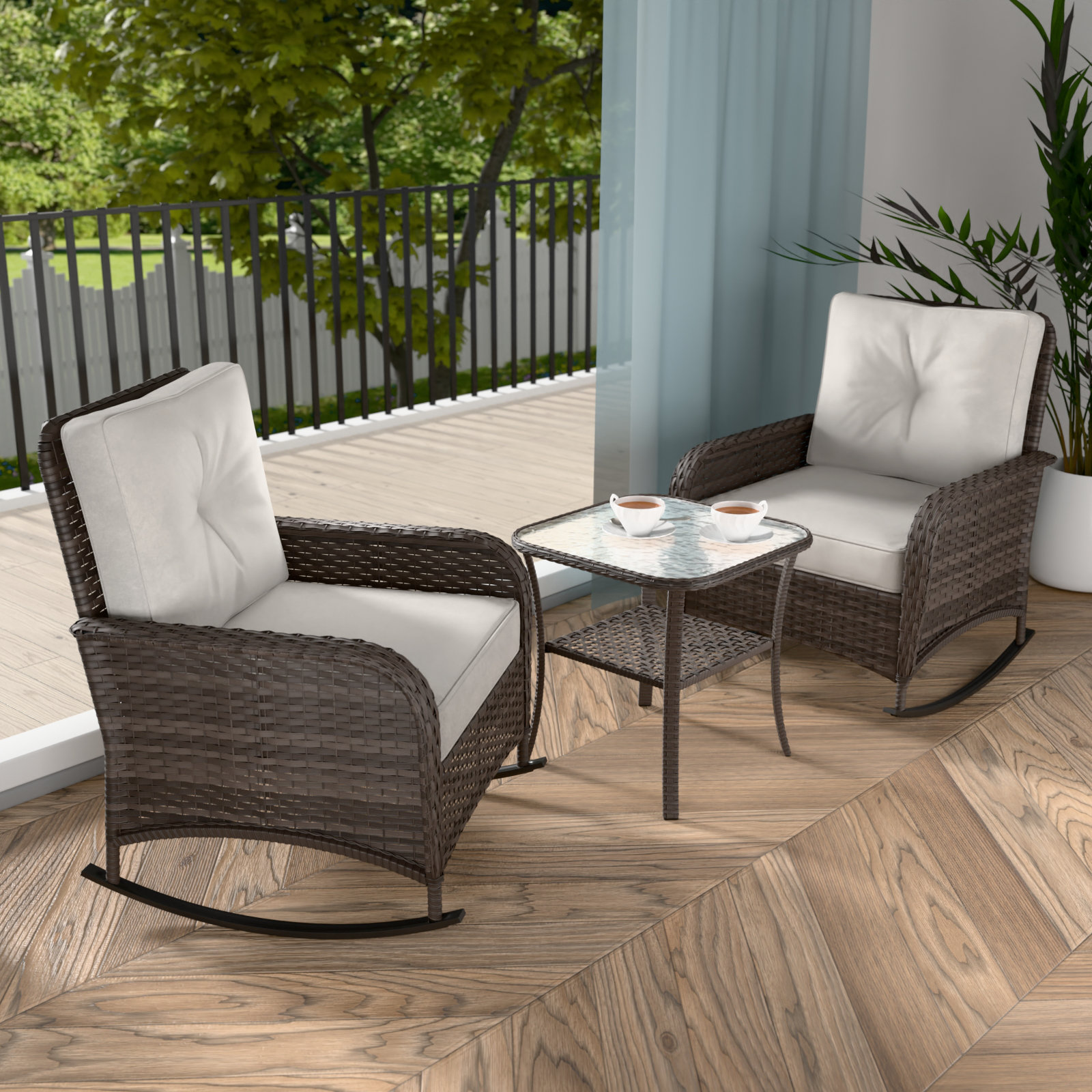 Winston Porter Wicker Rattan Outdoor Rocking Chair Set with Side Table ...