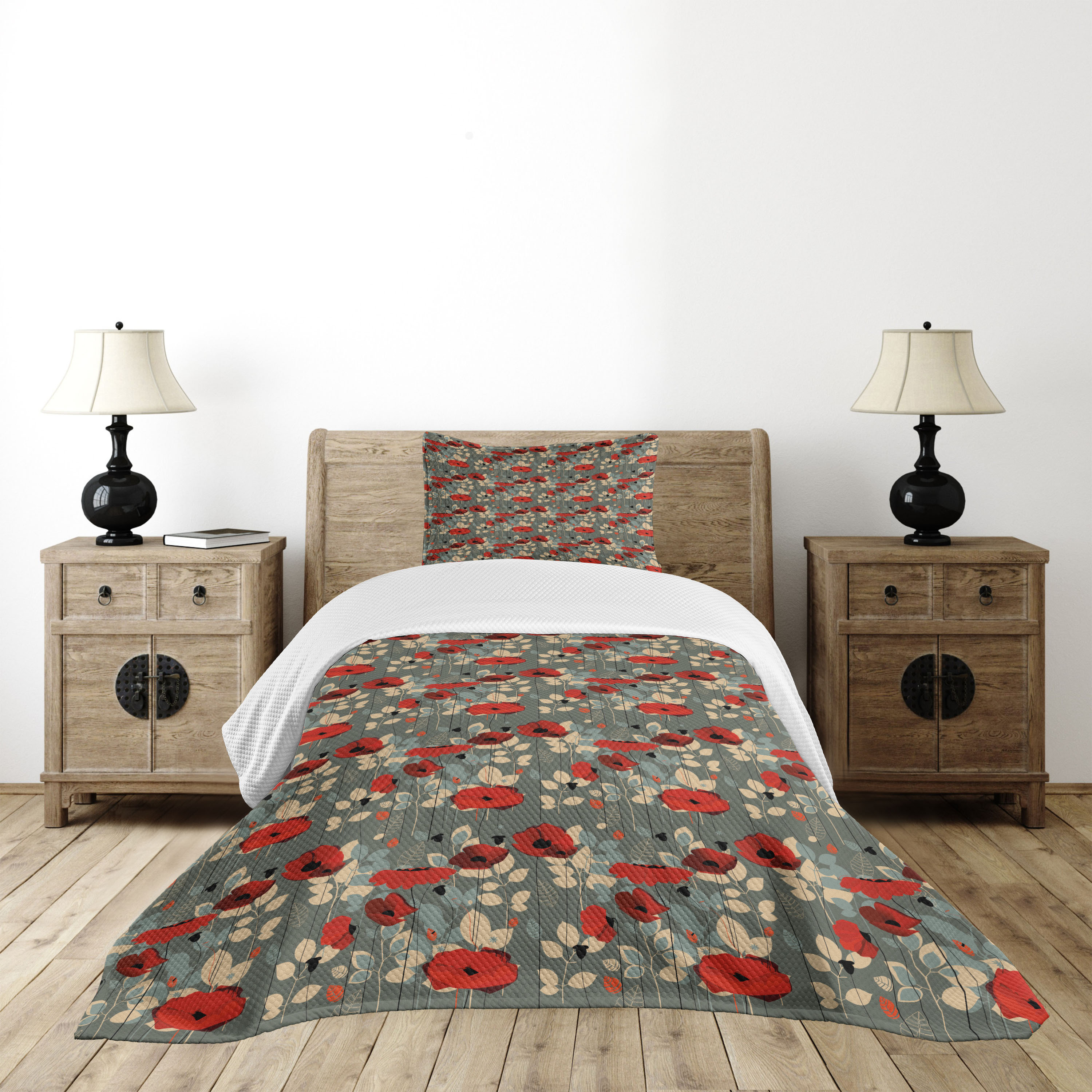 Ambesonne Poppy Flower Bedspread Set Modern Floral Garden Grey Red ...