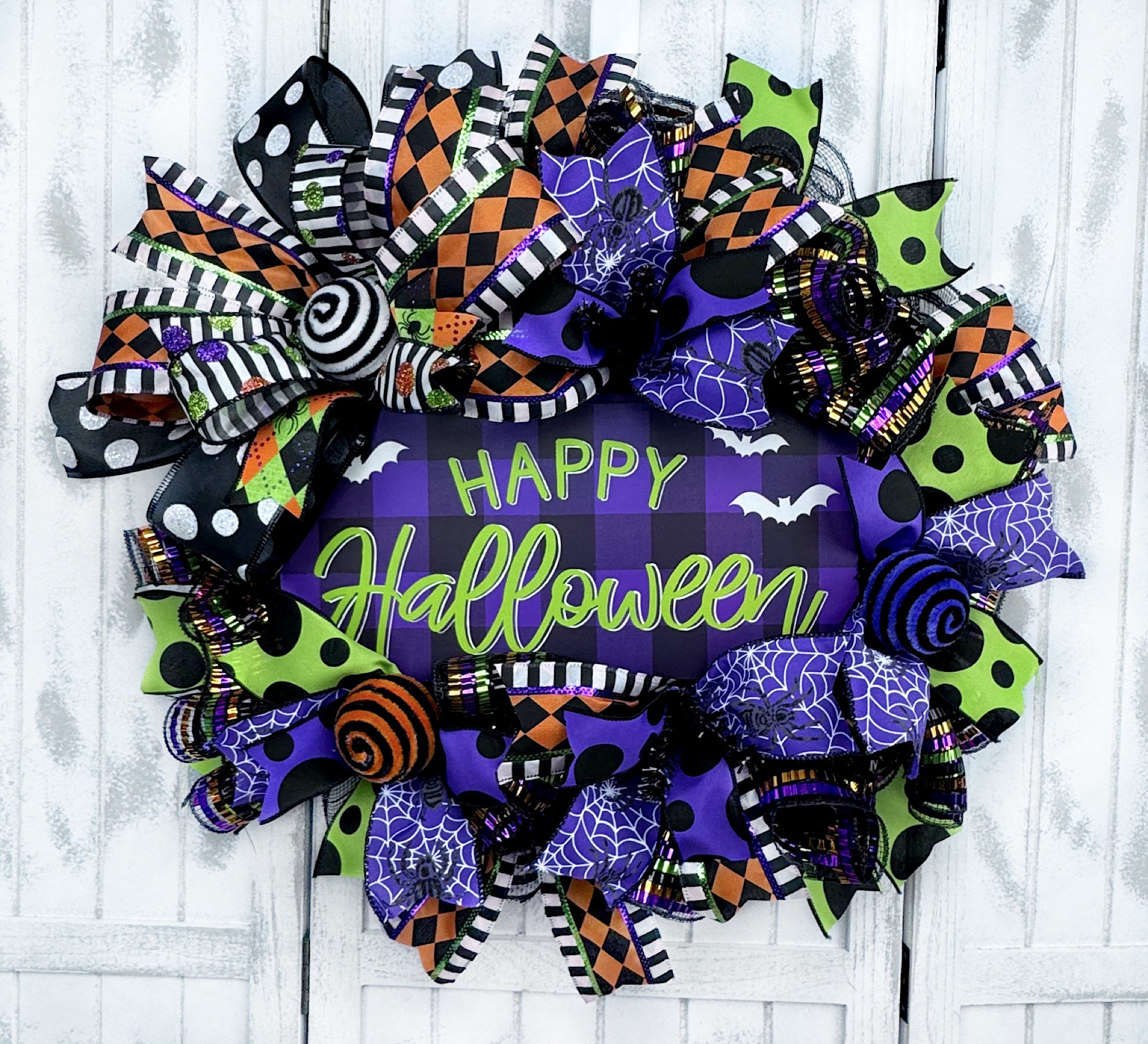 The Holiday Aisle® Happy Halloween Green & Purple Buffalo Pattern ...
