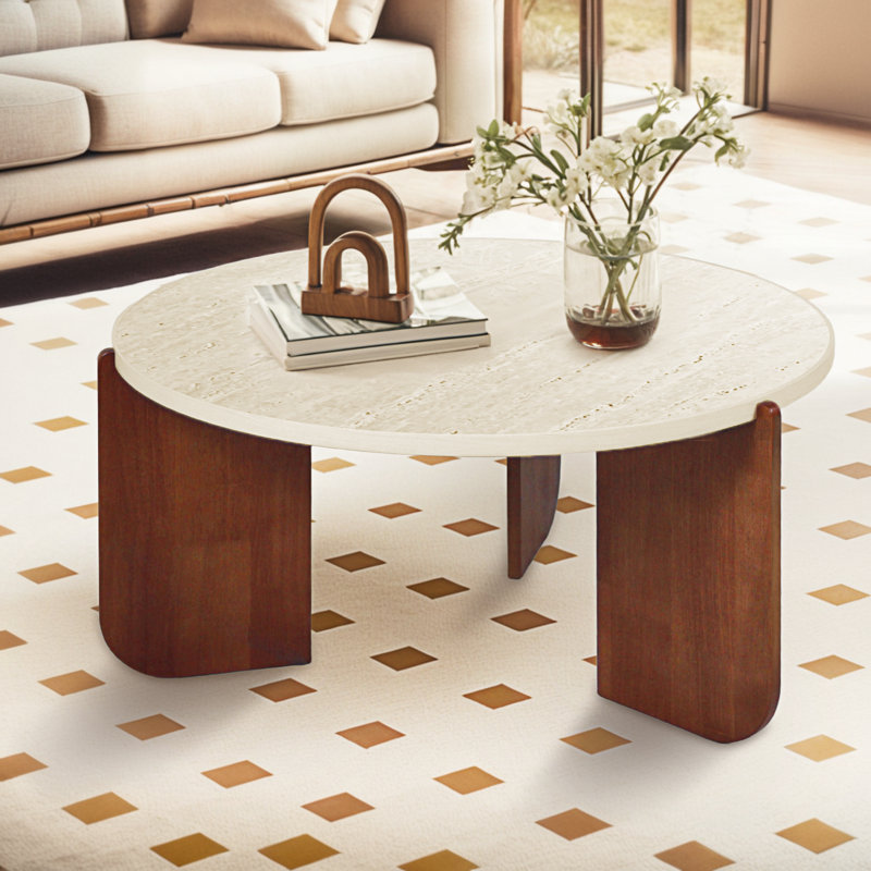 Ivy Bronx Elegant Round Travertine Texture Coffee Table – 30” Stone ...