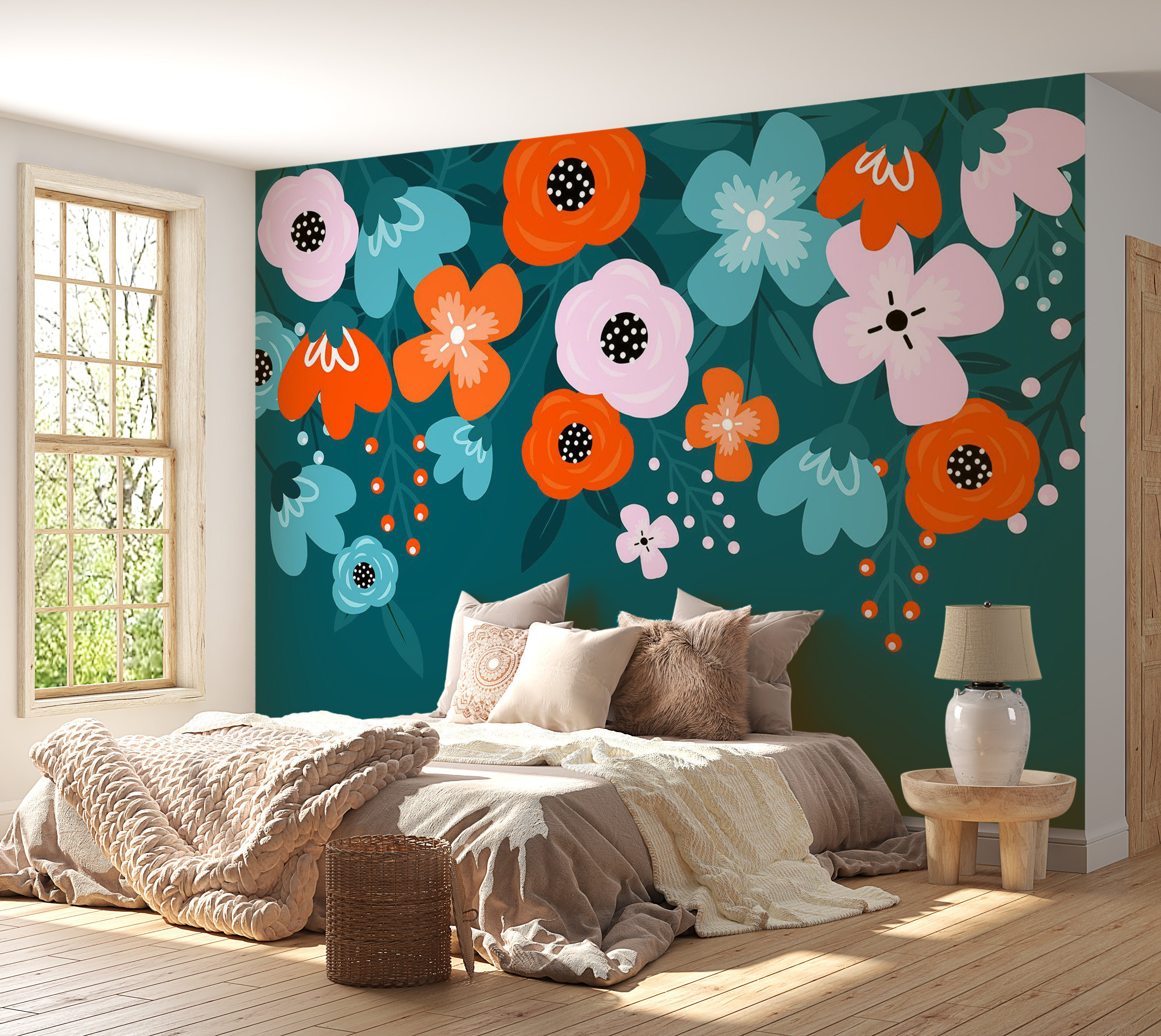 Wildon Home® Floral Wallpaper Wall Mural - Abstract Blue Bloom ...
