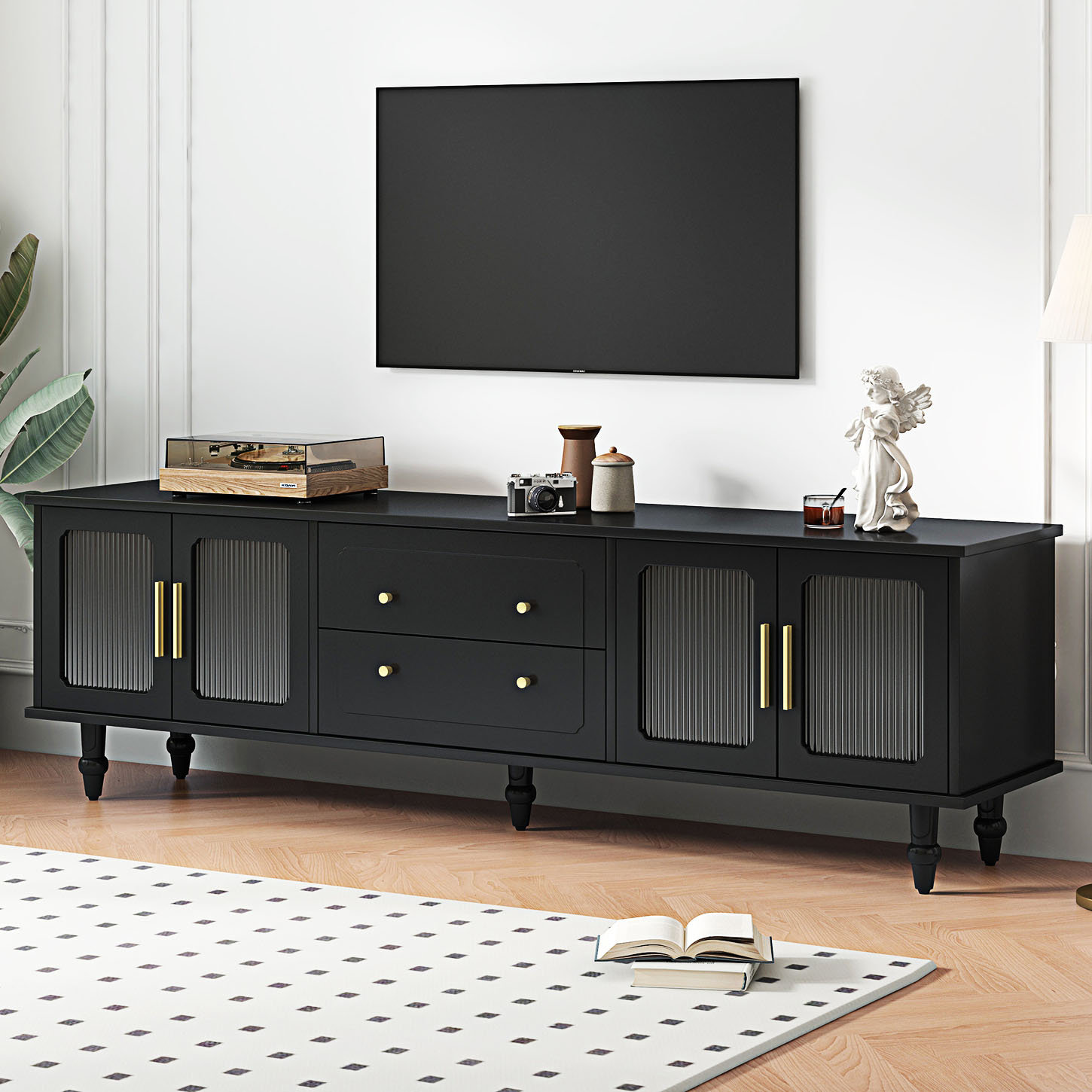 George Oliver Retro Design Tv Stand With Fluted Glass Doors, Media ...