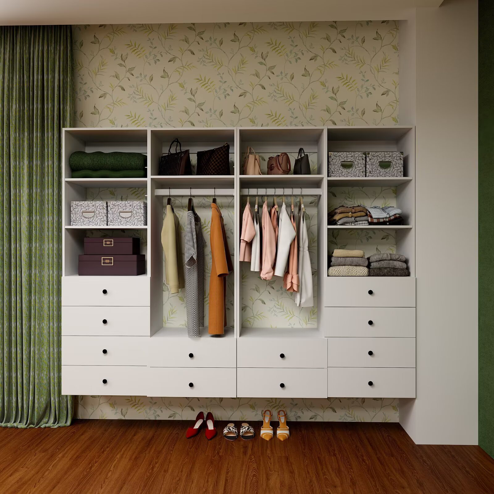 Latitude Run® White Closet System Wardrobe with 2 rods 8 shelves and 12 ...