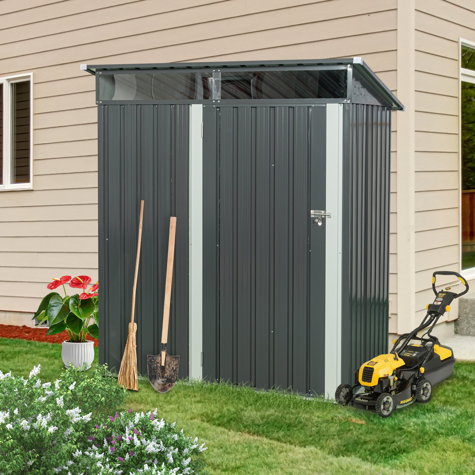 HOA.WWC 5X3 Metal Outdoor Storage Shed Gray With Transparent Plate ...