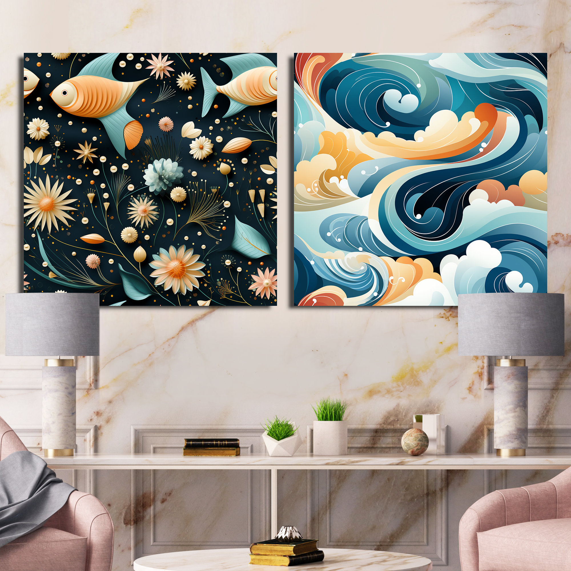 Design Art Fish Coastal Eclectic - Abstract Square Collage Set Of 2 ...