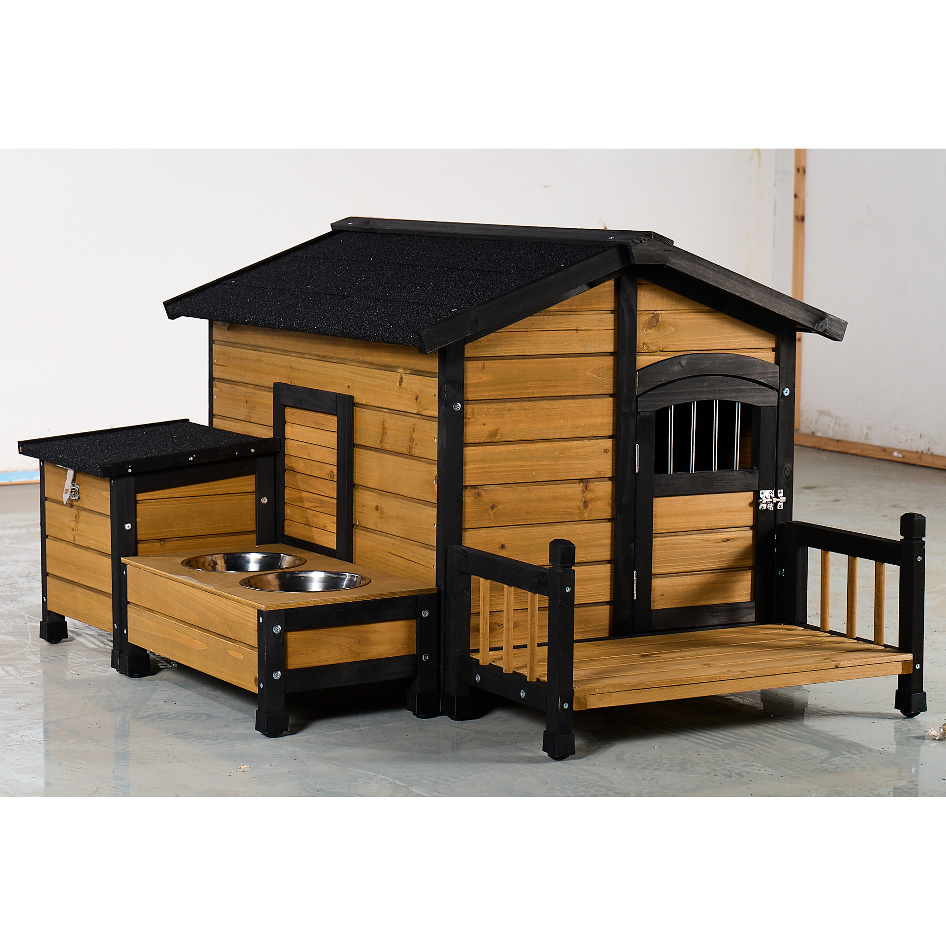 One Allium Way Large Wooden Dog House With Feeding Station, Side ...