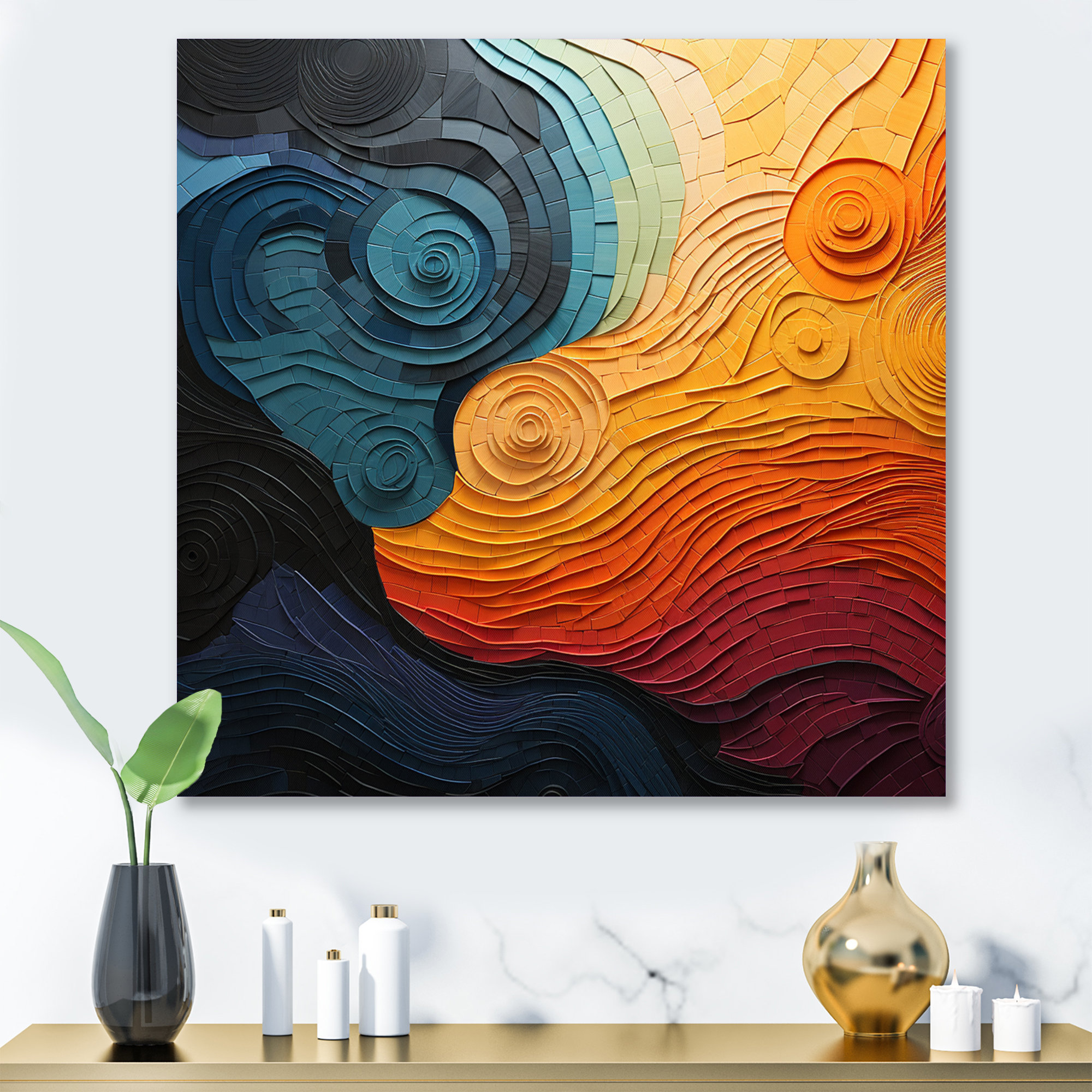 Wrought Studio Teal Orange Op Art Rhythmic Illusion II - Abstract Metal Wall Art Living Room ...