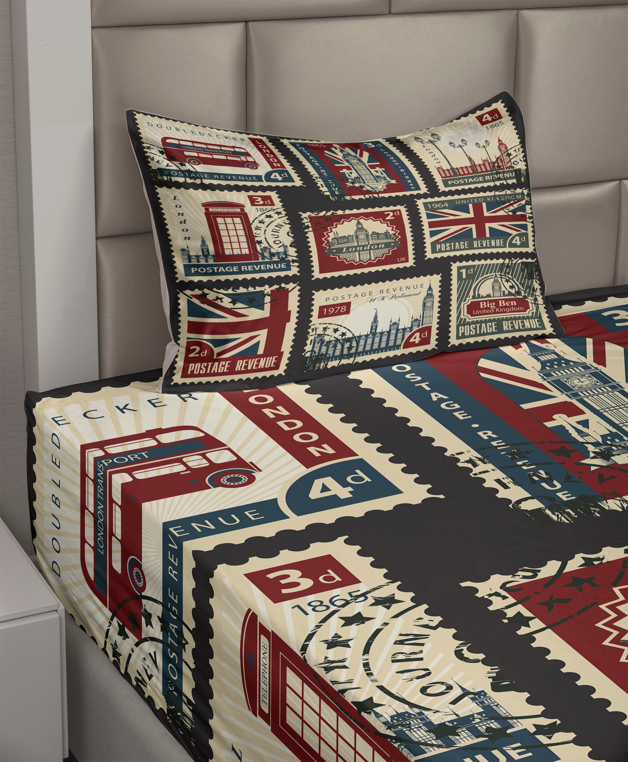 Ambesonne English Sheet Set Double Decker Londoner Art Ruby Cream Dark ...