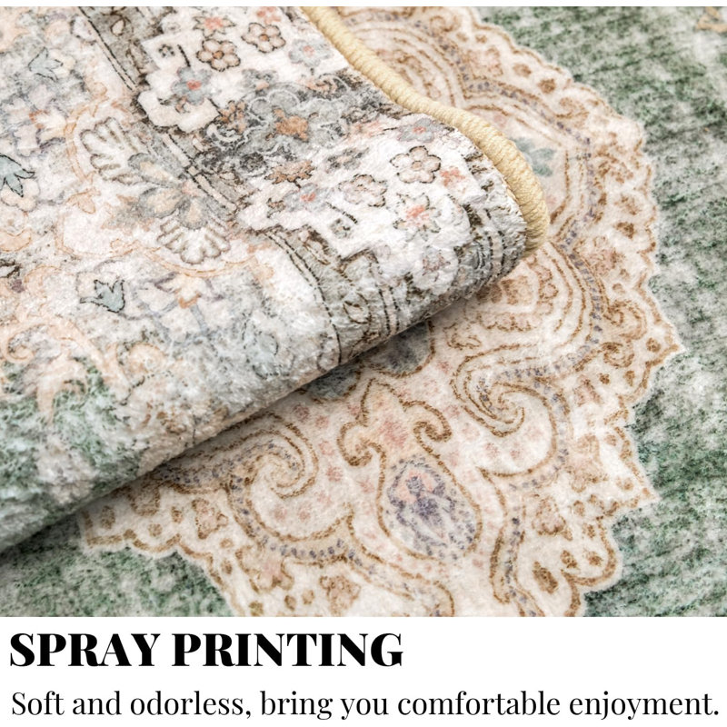 Bungalow Rose Green Round Rug 4Ft,Circle Washable Area Rugs,Boho Small ...