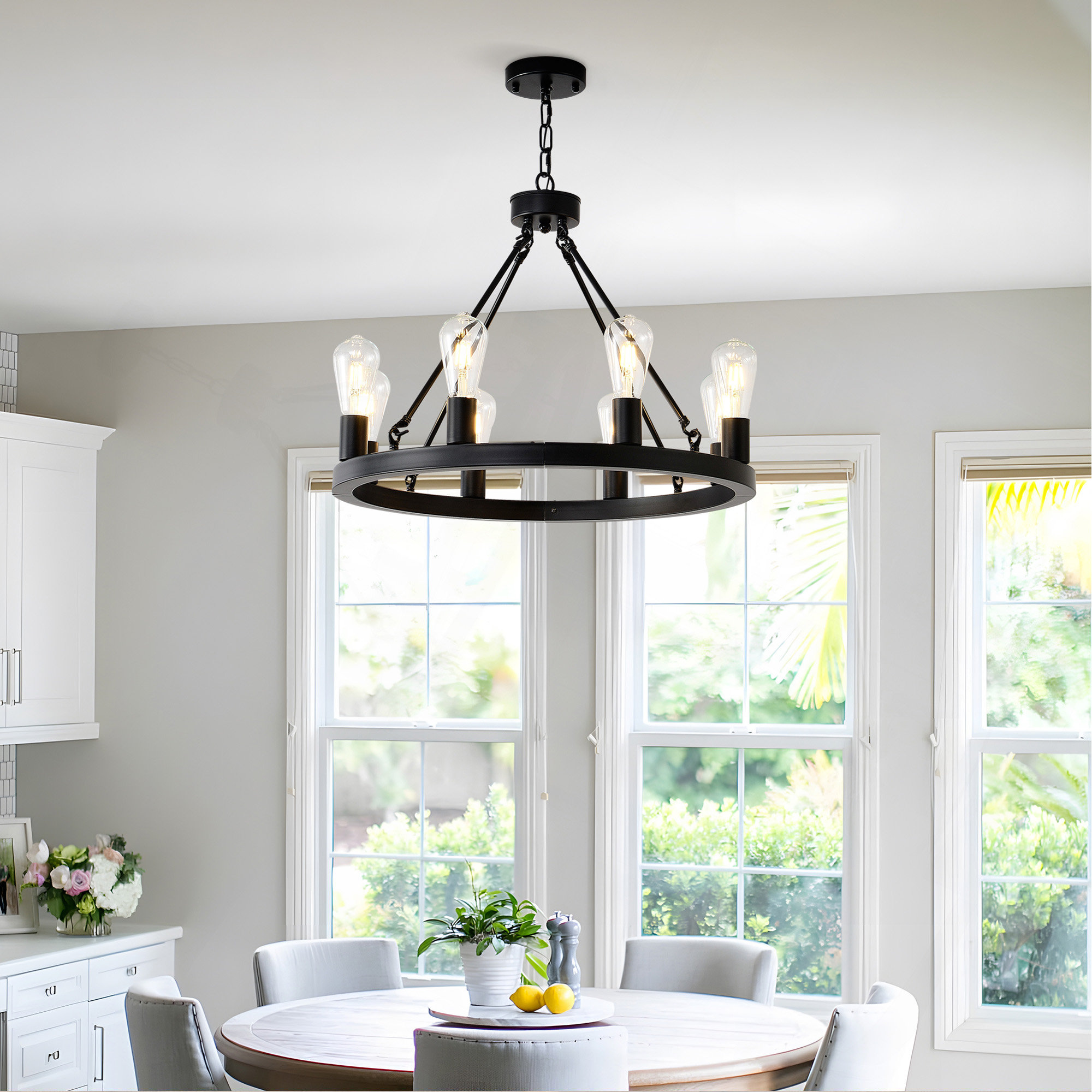 Gracie Oaks 8-Light Matte Black Wagon Wheel Chandelier Farmhouse Modern ...