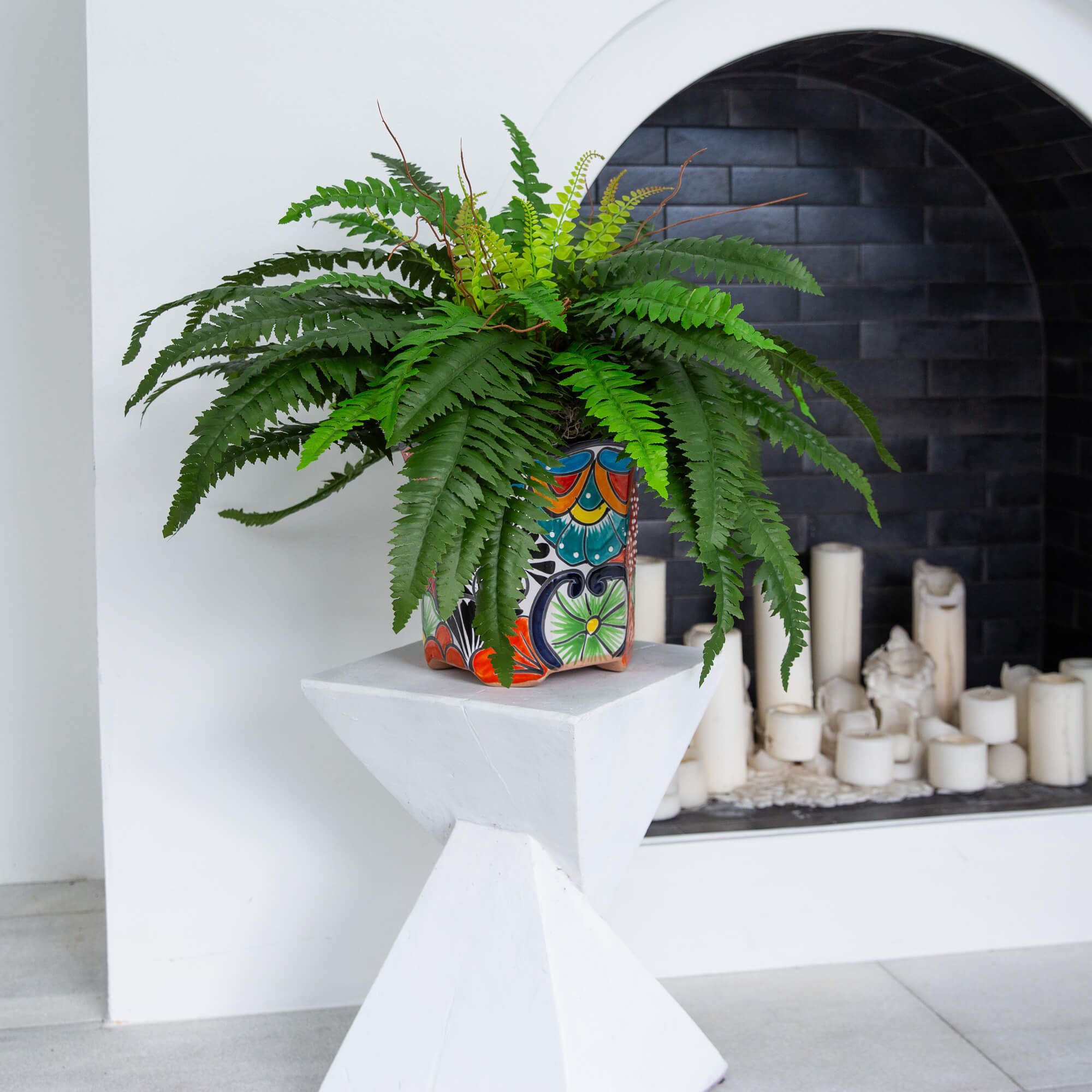Dakota Fields 21in. Artificial Boston Fern in Handmade Mexican Talavera ...