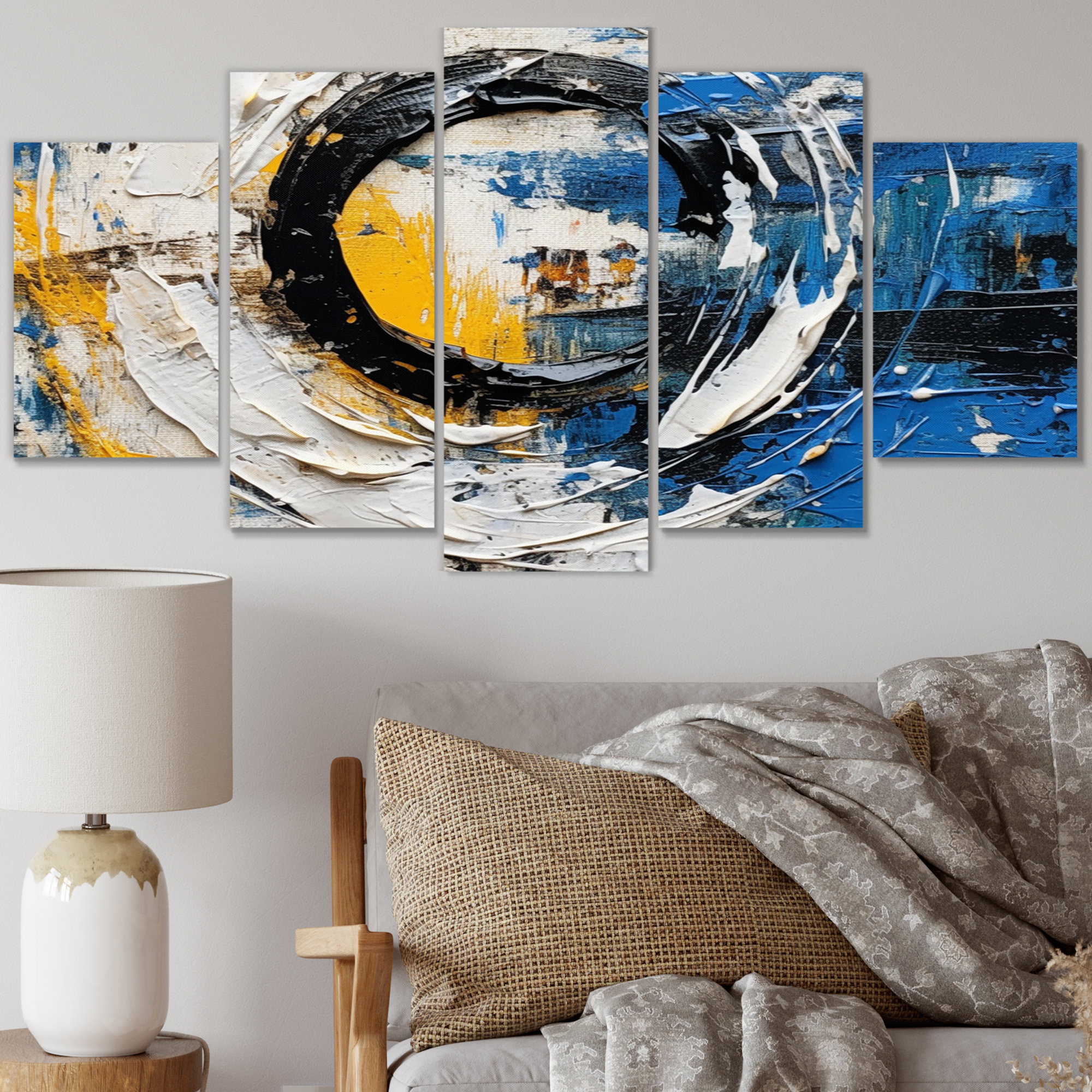Design Art Blue White Cubist Fusion - Cubism Wall Art Print - 5 Panels ...