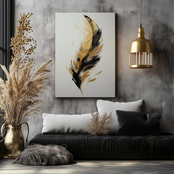 Mercer41 Black And Gold Feather Wall Art |Abstract Modern Canvas ...
