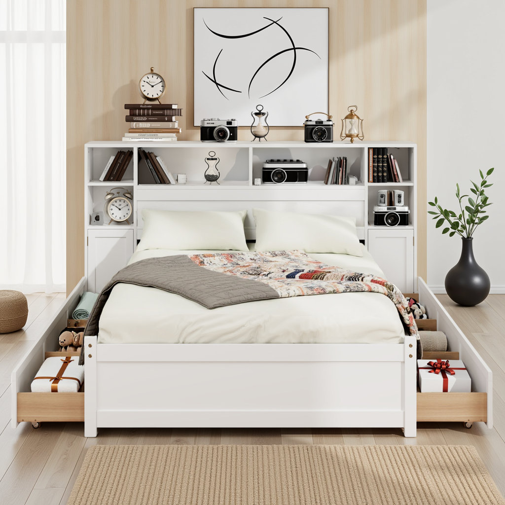 Lark Manor™ White Wooden Storage Platform Bed with Tall Bookcase ...