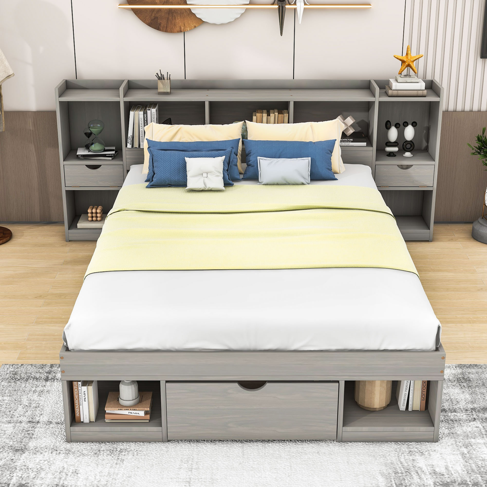 Latitude Run® Queen Wood Platform Bed with Storage Headboard,Cabinets ...