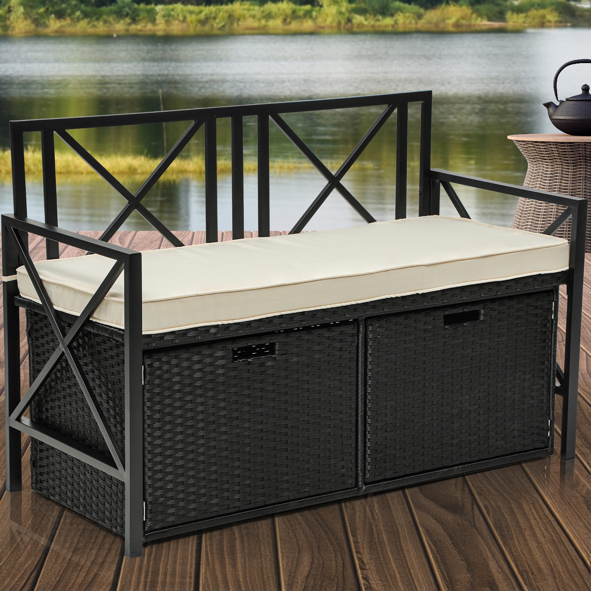 Ebern Designs Justinien Wicker Outdoor Storage Bench, Patio Bench ...