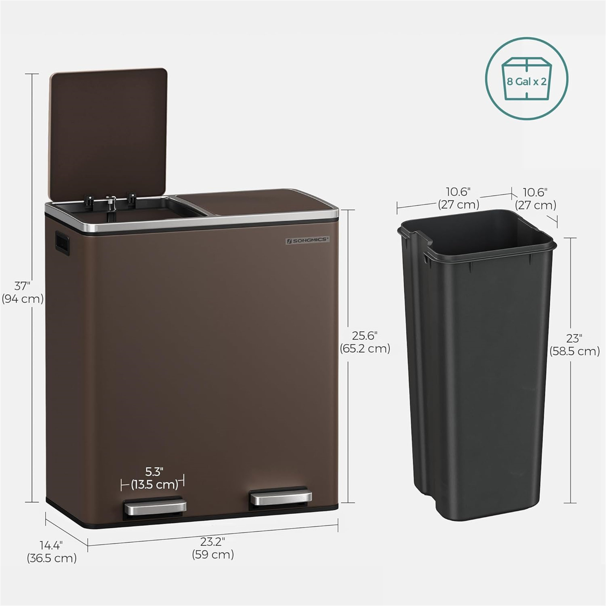 Cubiker 2 x 8 Gallon / 30 Litre Dual Compartment Kitchen Trash Can ...