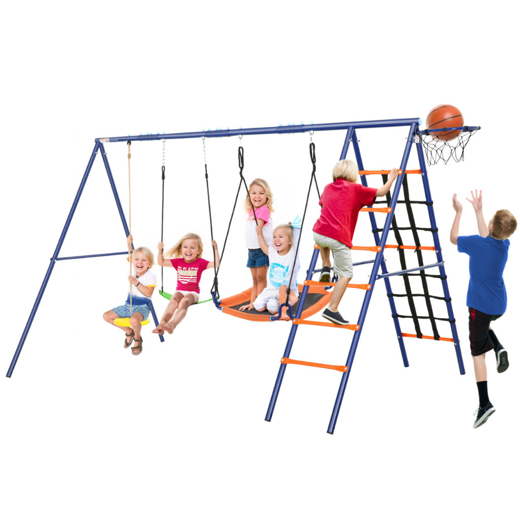 PLUTO LIMITED Kids Swing Set with 3 Adjustable Swing Climbing Net ...