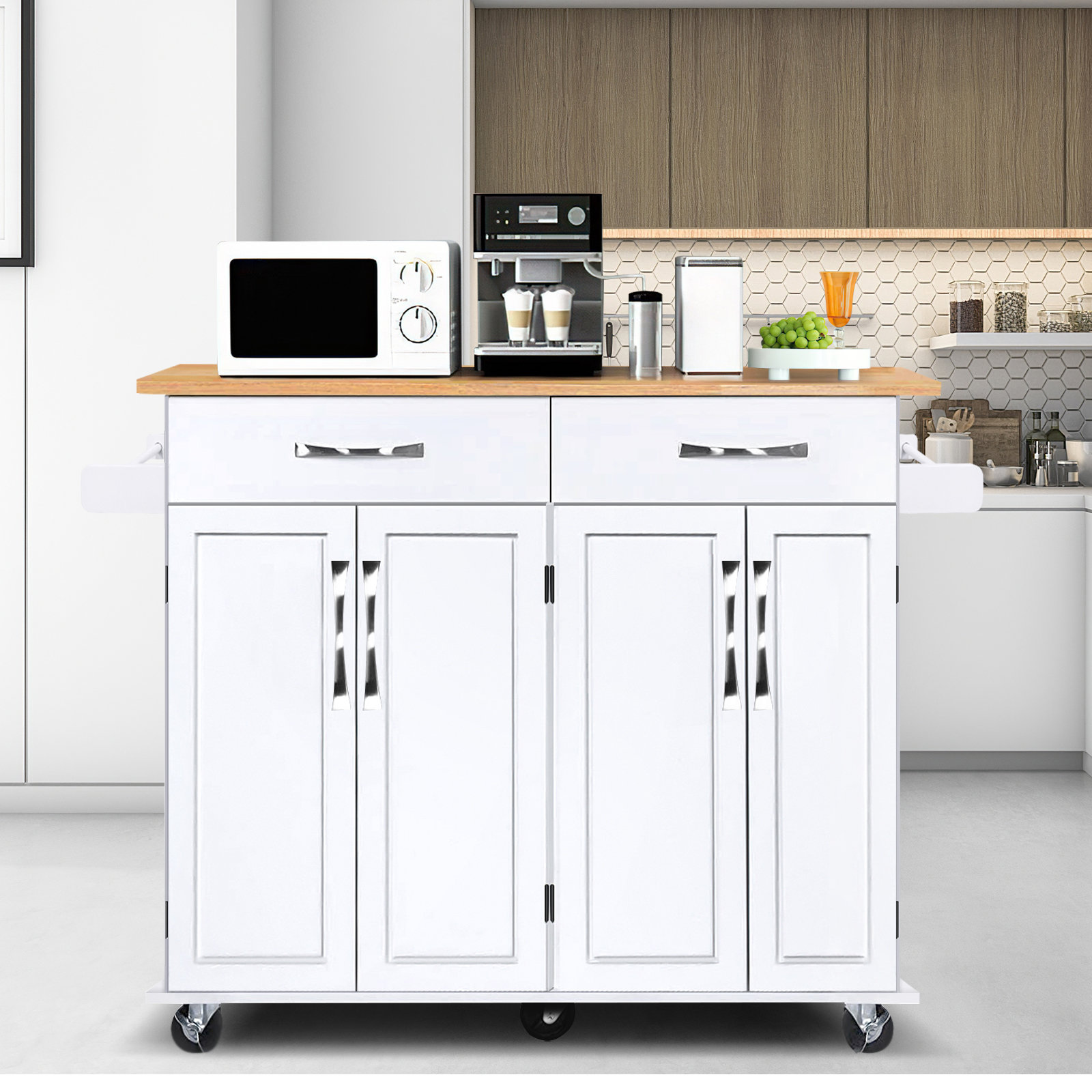 Winston Porter Kitchen Island Cart on Wheels with Storage Drawers and ...