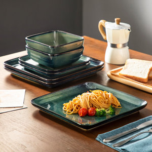 Dakota Fields Green Dinner Set Square Reactive Glaze Tableware 12 ...