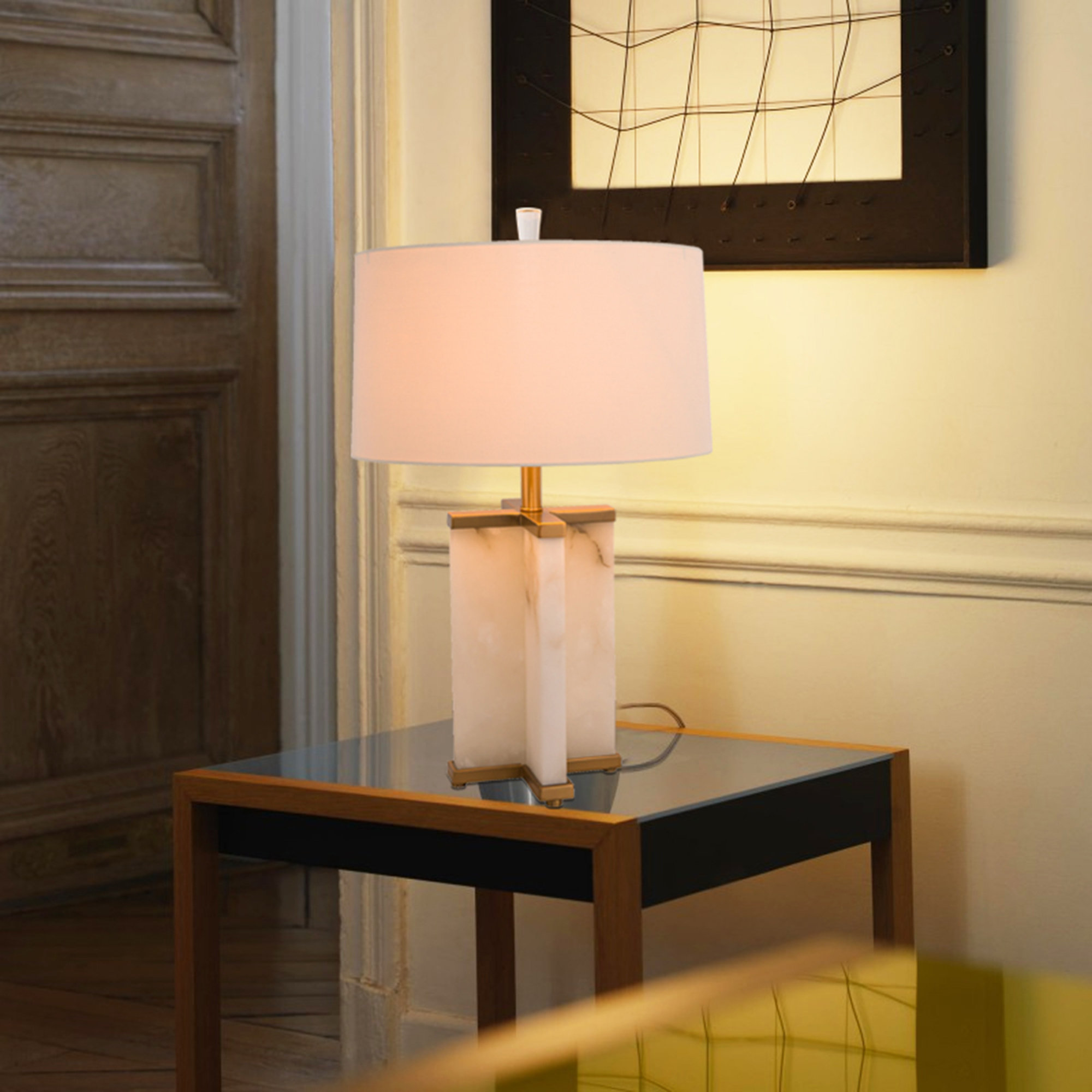 Everly Quinn Marble 26" Height 1-Light Table Lamp With A White ...