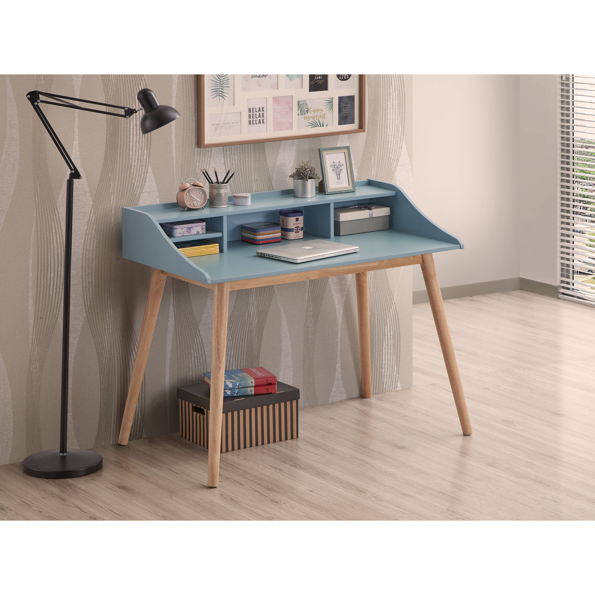 George Oliver Mid-Century Modern Wood Writing Desk with Hutch, Blue ...