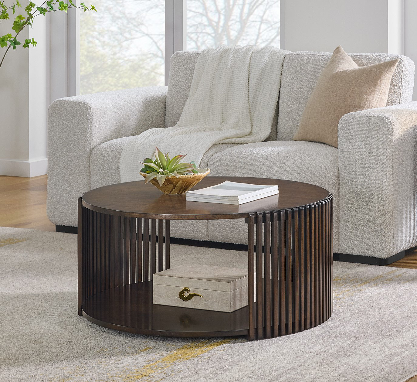 George Oliver Estie Round Wood Slatted Coffee Table With Open Shelf ...